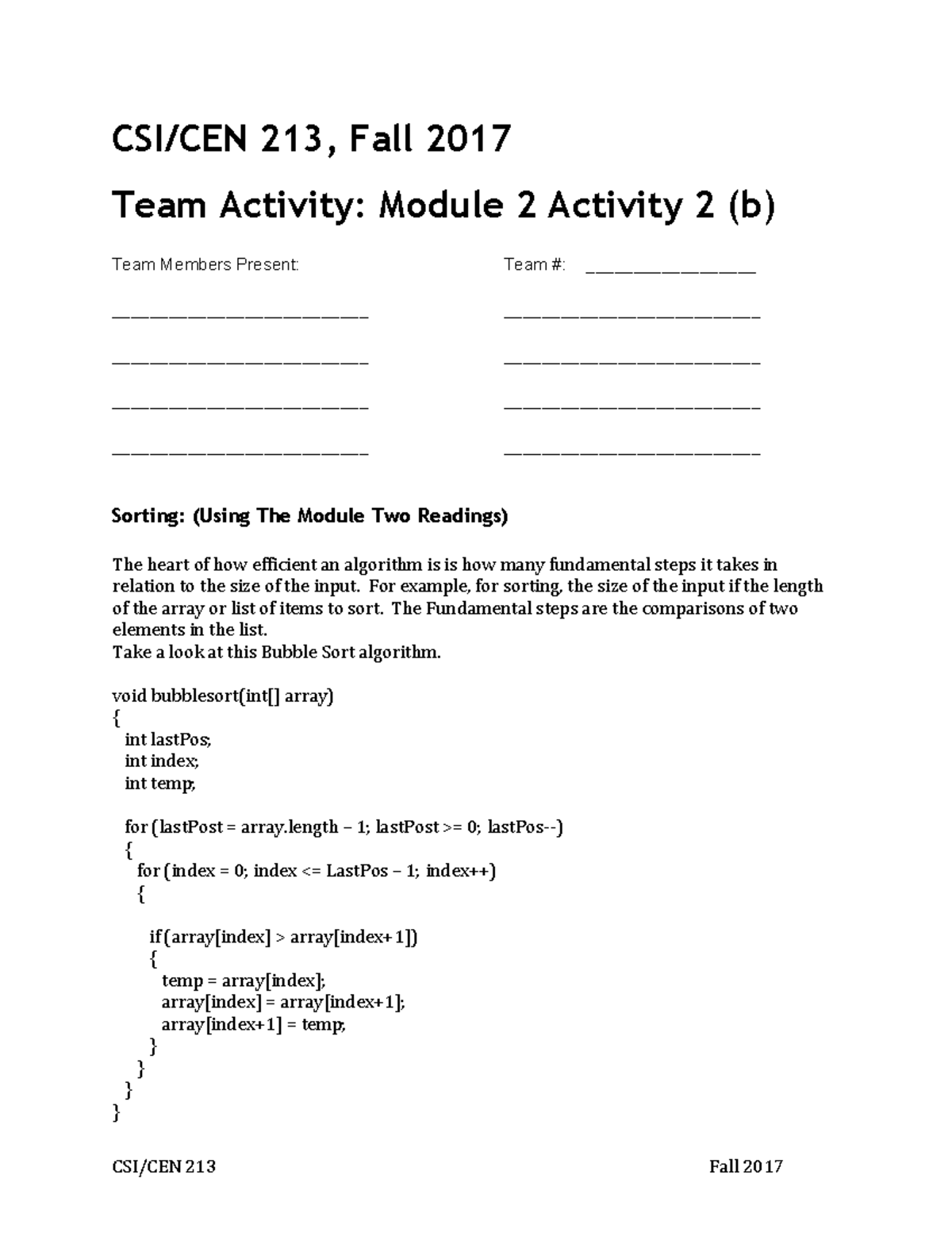 CSI 213 F17 M2 Act2b 2017 09 25 - CSI/CEN 213, Fall 2017 Team Activity ...