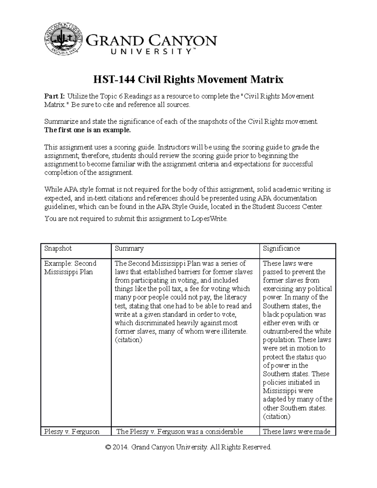 HIS144 Civil Rights Movement Matrix - HST-144 Civil Rights Movement ...