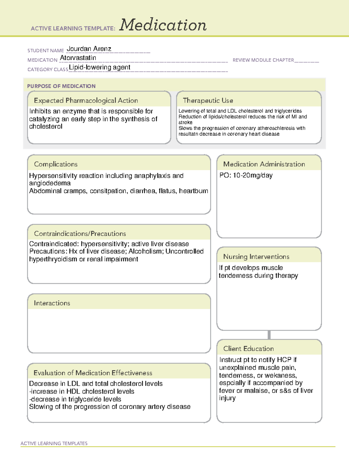 Atorvastatin med sheet - ACTIVE LEARNING TEMPLATES Medication STUDENT ...