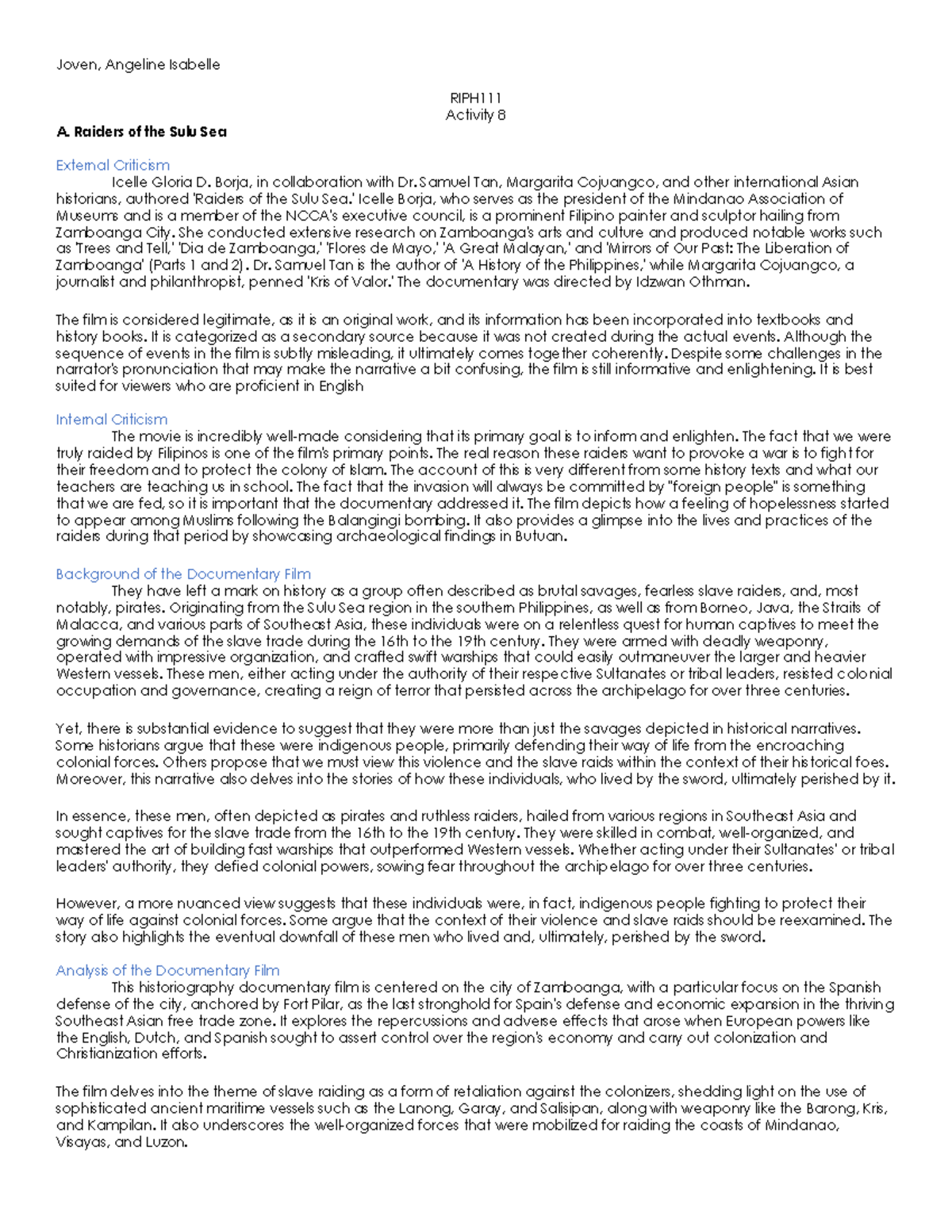 RIPH111 Activity 8 1 - Essay - Joven, Angeline Isabelle RIPH Activity 8 A. Raiders of the Sulu ...