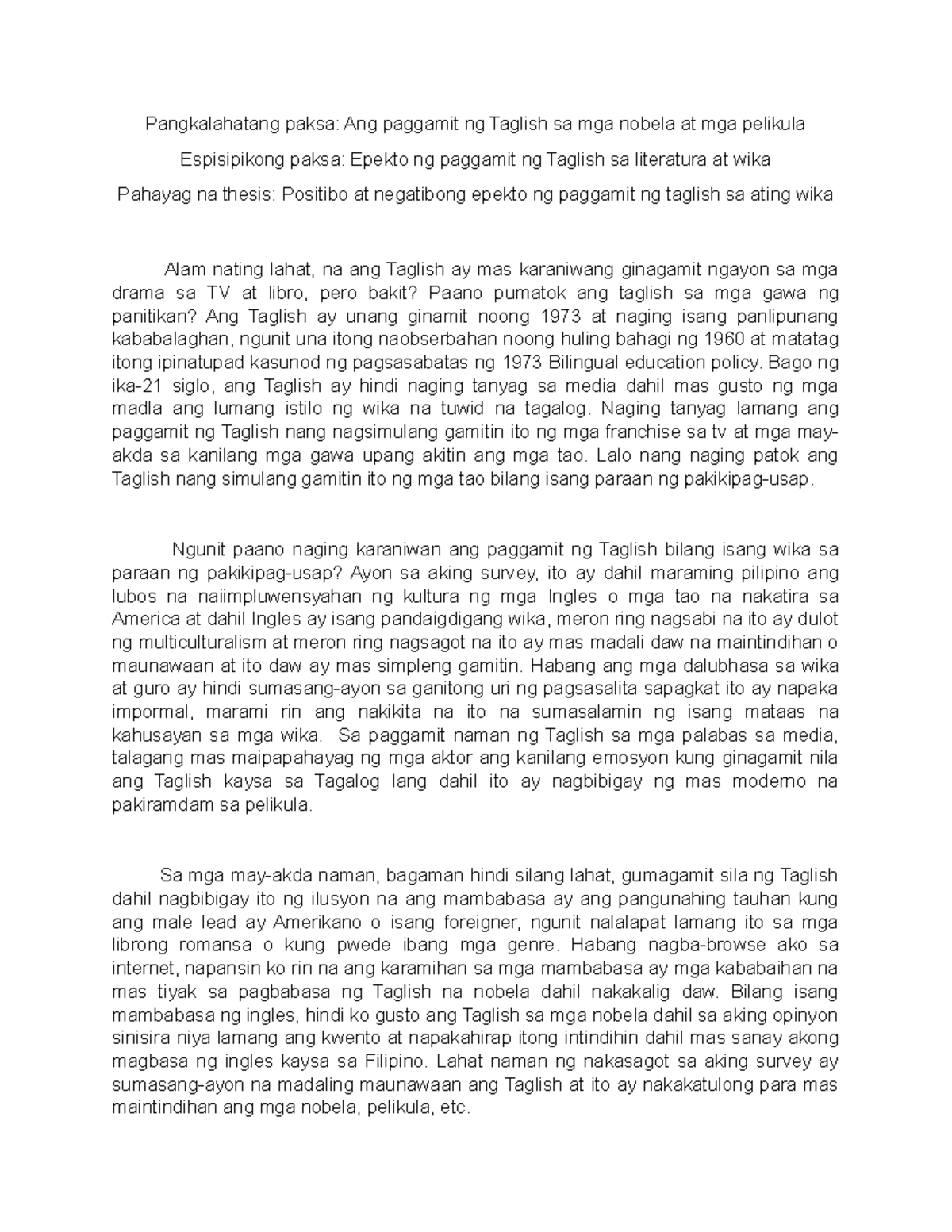 Filipino essay about the use of Taglish in literature works ...