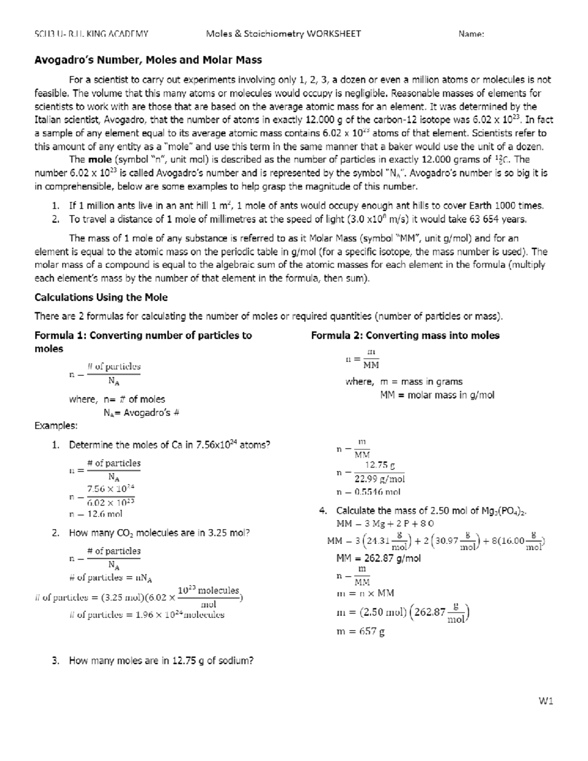 Moles & Stoichiometry Worksheet W1 Avogadro's Number - SCH3 R. KING ...
