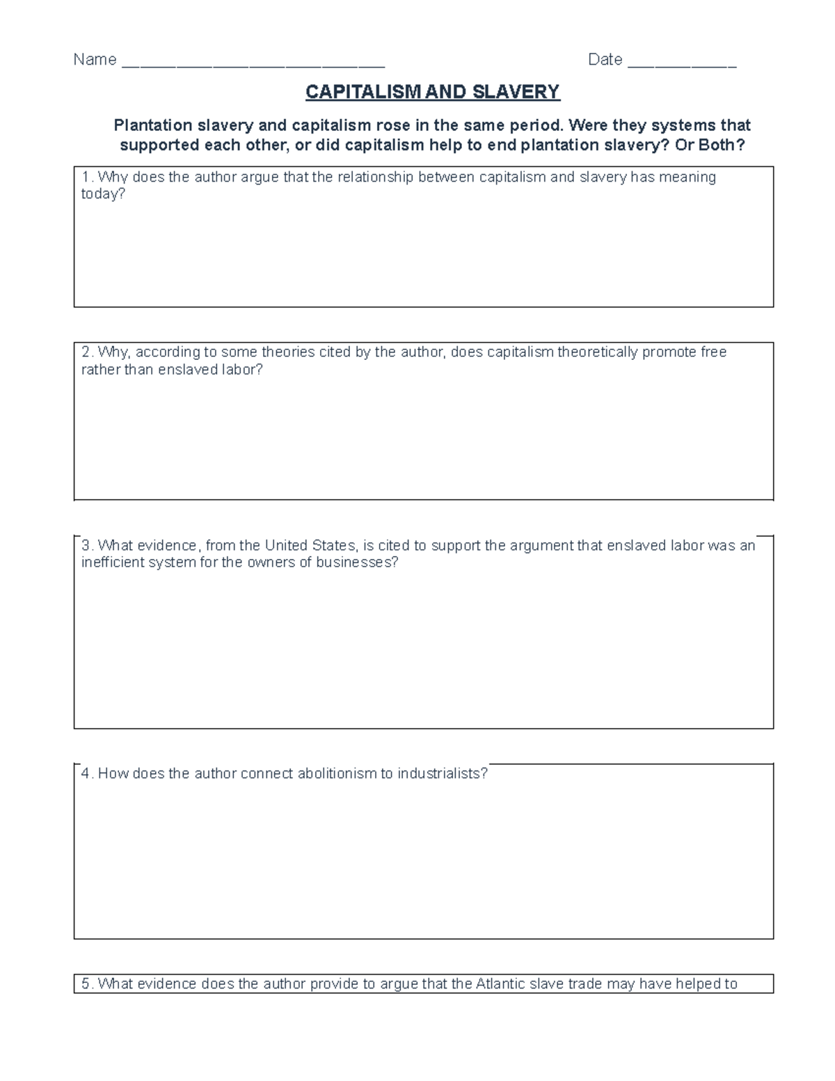 Capitalism and Slavery Questions - Name ...