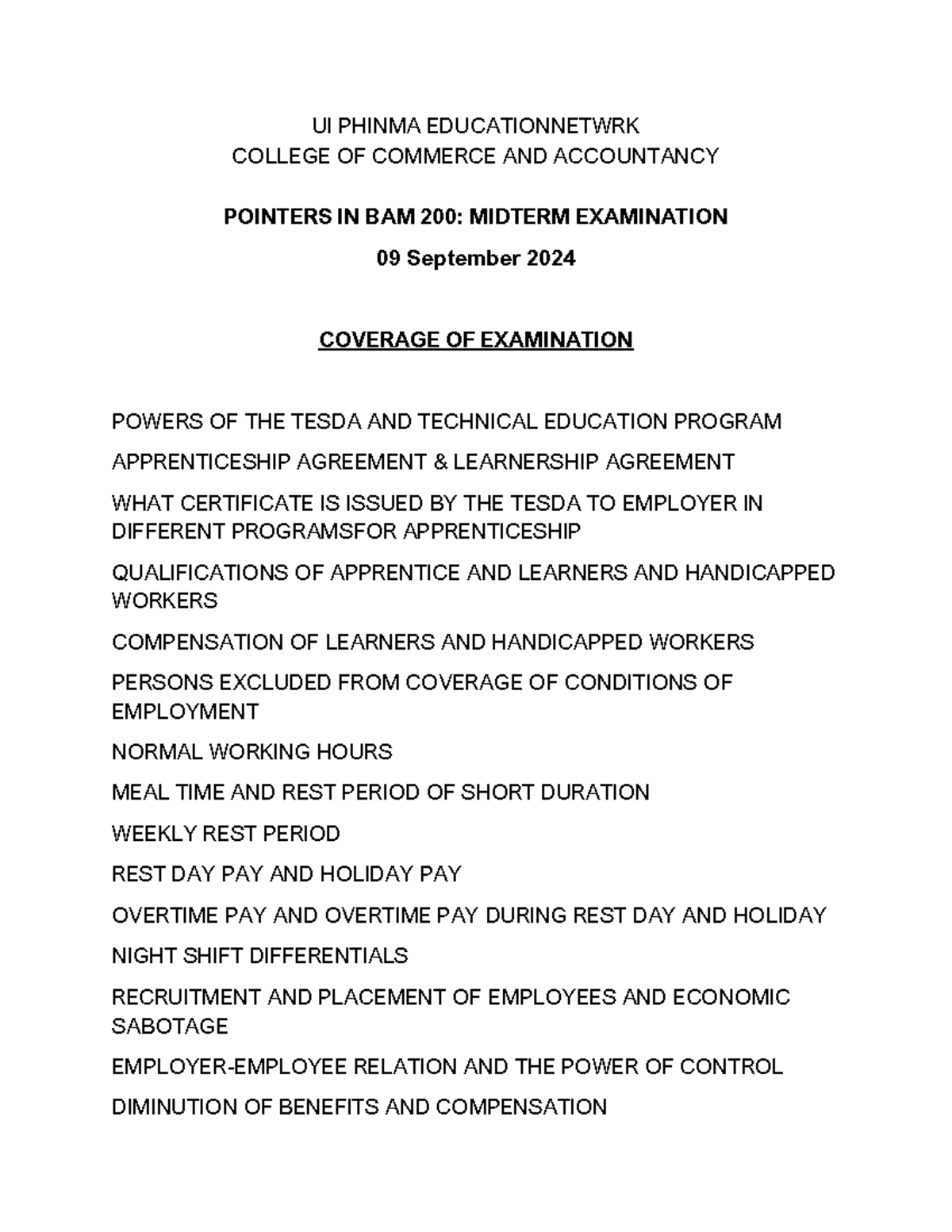 BAM 200 Pointers FOR Midterm EXAM 2024 - UI PHINMA EDUCATIONNETWRK COLLEGE OF COMMERCE AND - Studocu