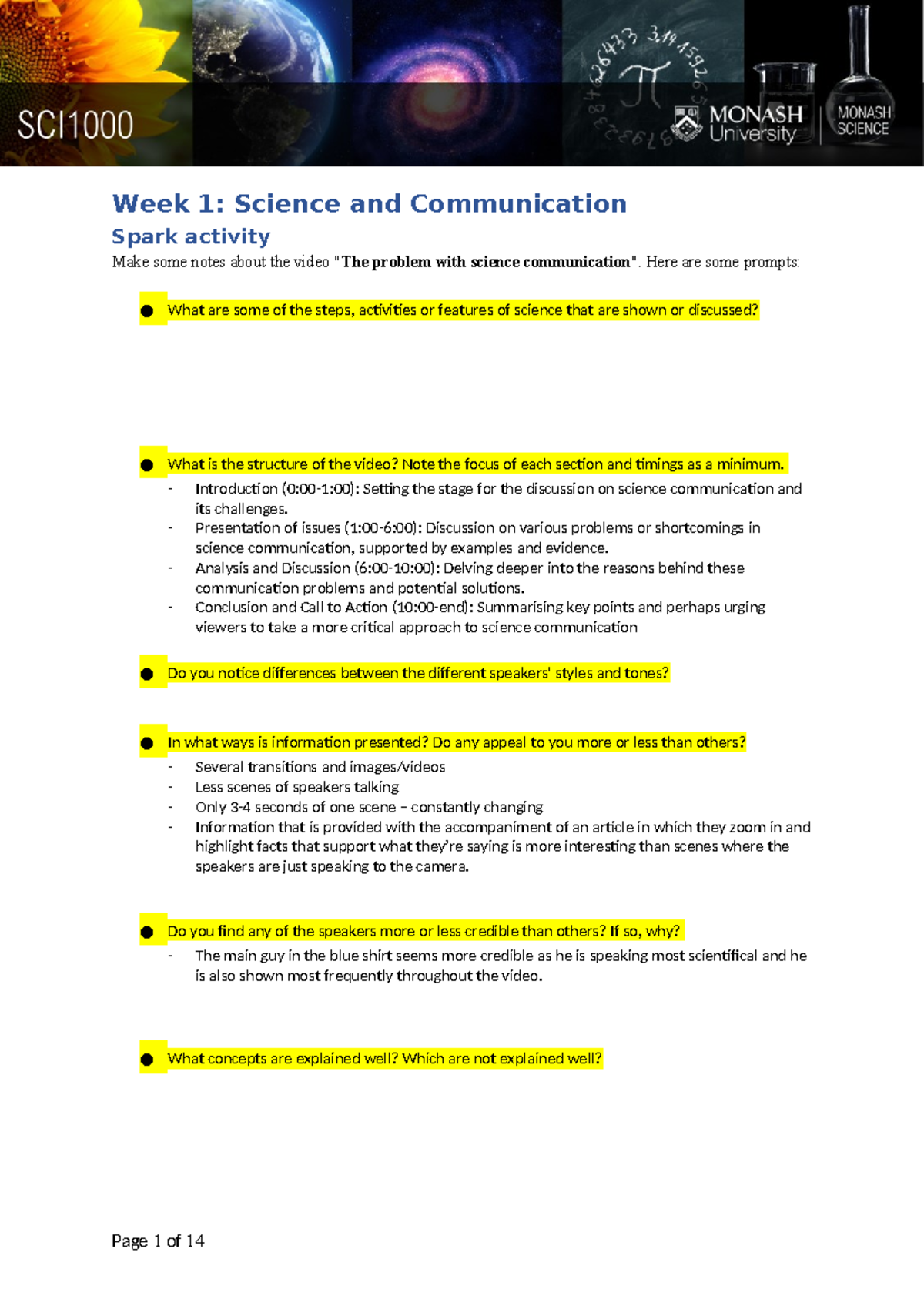 SCI1000 Week1 Worksheet S1 2024 - Week 1: Science and Communication ...