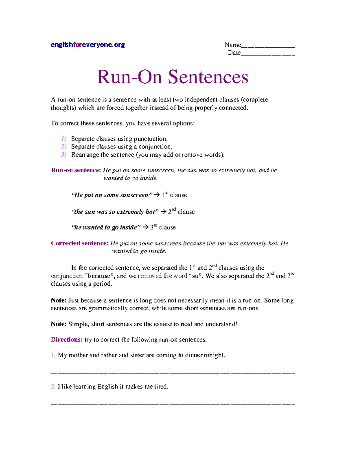 Run on sentences - notes - englishforeveryone Name________________ Date ...
