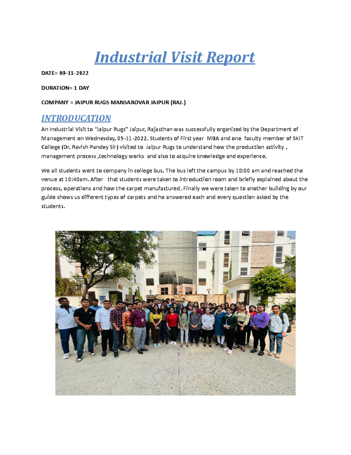 Industrial Visit Report - Industrial Visit Report DATE= 09-11- DURATION ...