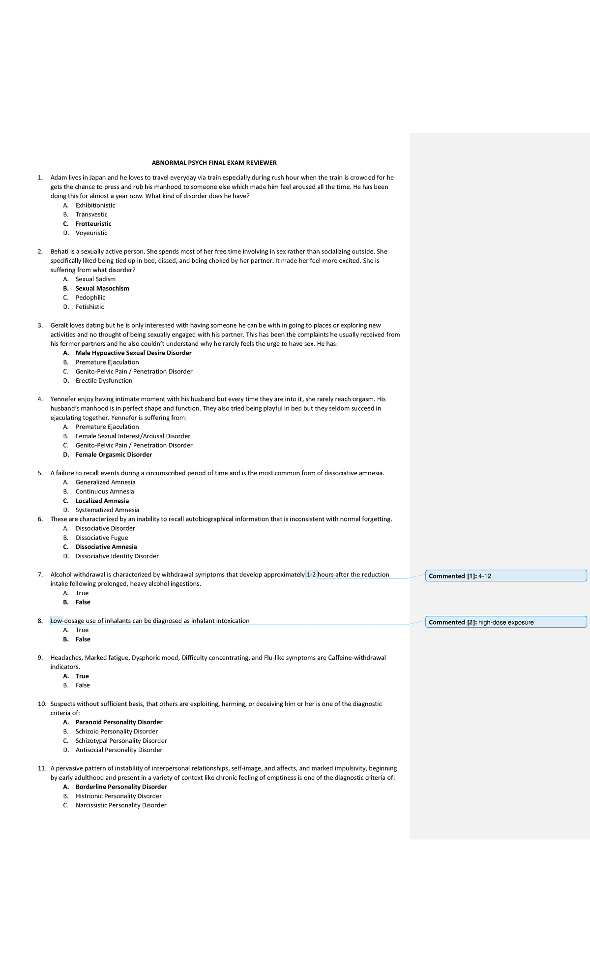 Abnormal Psychology - ABNORMAL PSYCH FINAL EXAM REVIEWER Adam lives in ...