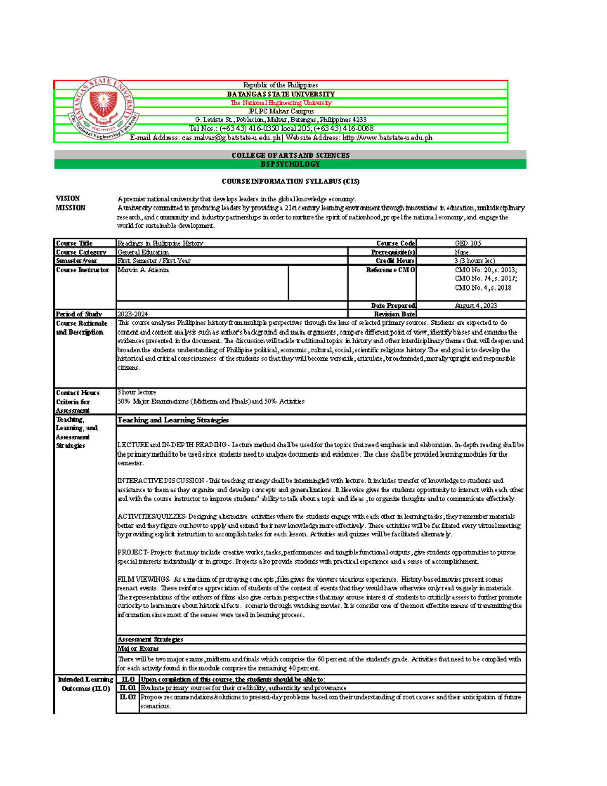 BSP Syllabus GED 105 Readings in the Philippine History - Contact Hours ILO ILO ILO Intended ...