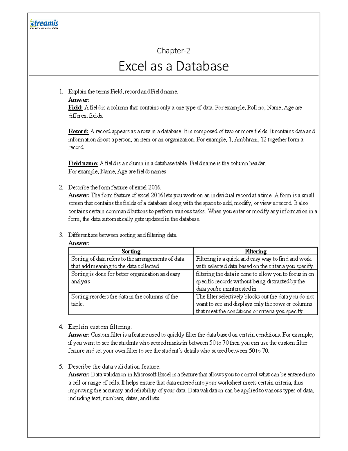 Chapter 2- Excel as a Database notes - Chapter- Excel as a Database 1 ...