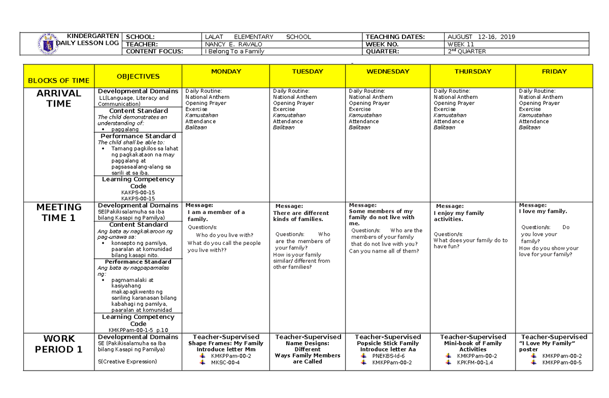 WEEK 11 - NEW KTG DLL - DAILY LESSON LOG - KINDERGARTEN DAILY LESSON ...