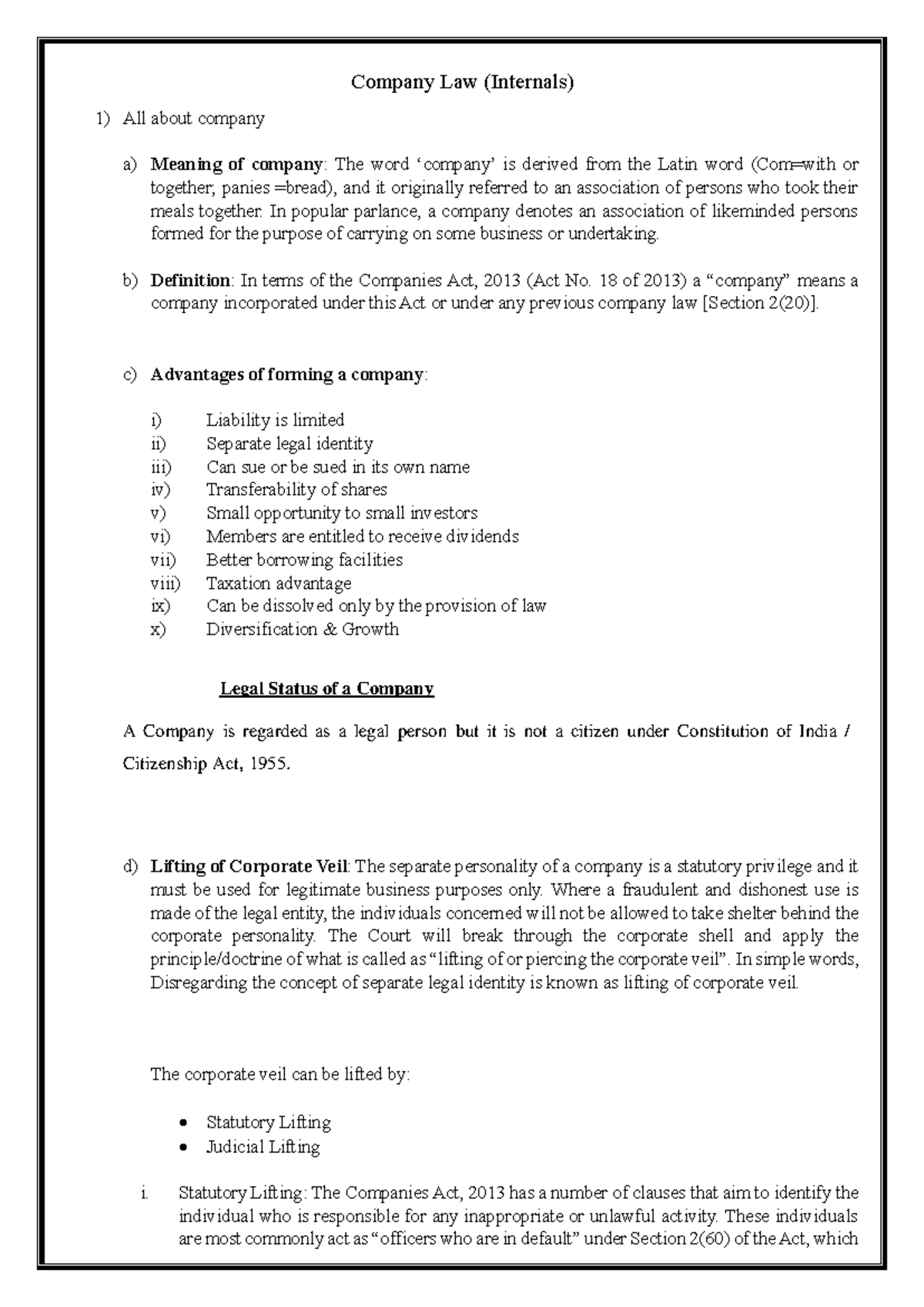 Company Law (Internals) - In popular parlance, a company denotes an ...