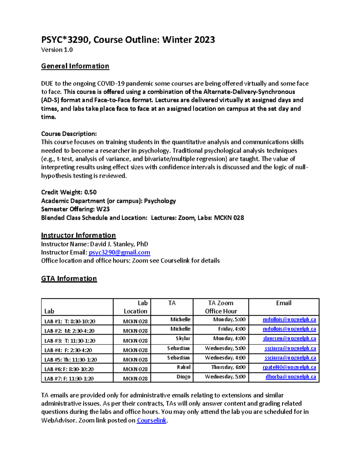 Statistical analysis course outline - PSYC*3290, Course Outline: Winter ...