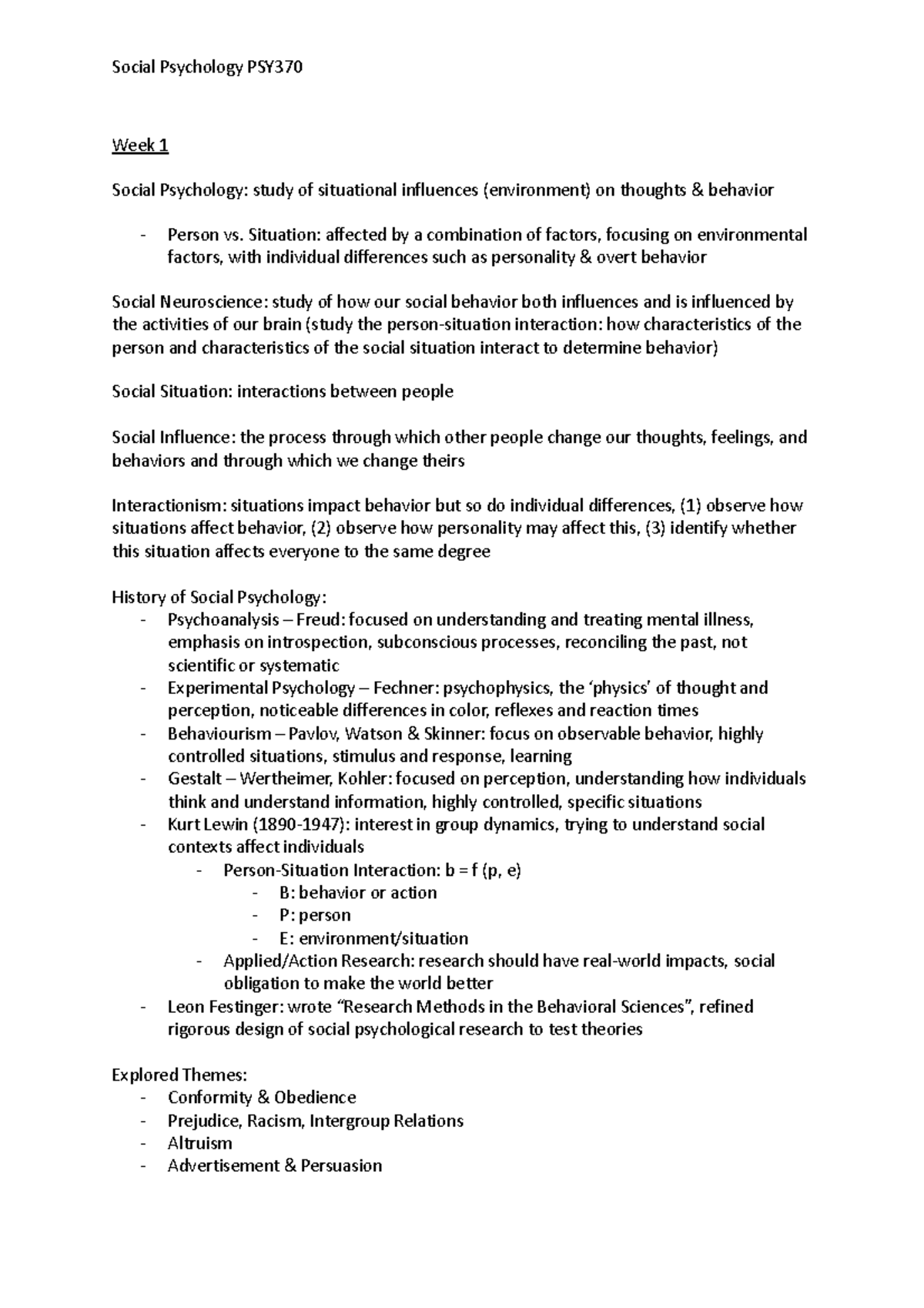 Social Psychology Notes 1 - Week 1 Social Psychology: study of ...