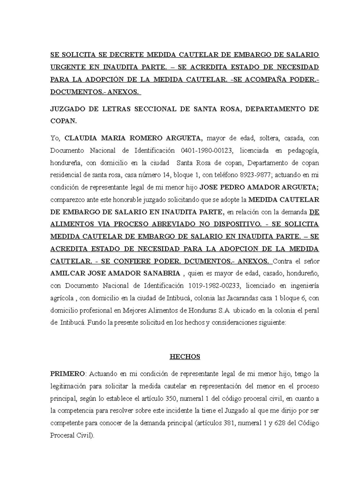 Solicitud de Medida cautelar Embargo de Salarios en Inaudita Parte - SE ...