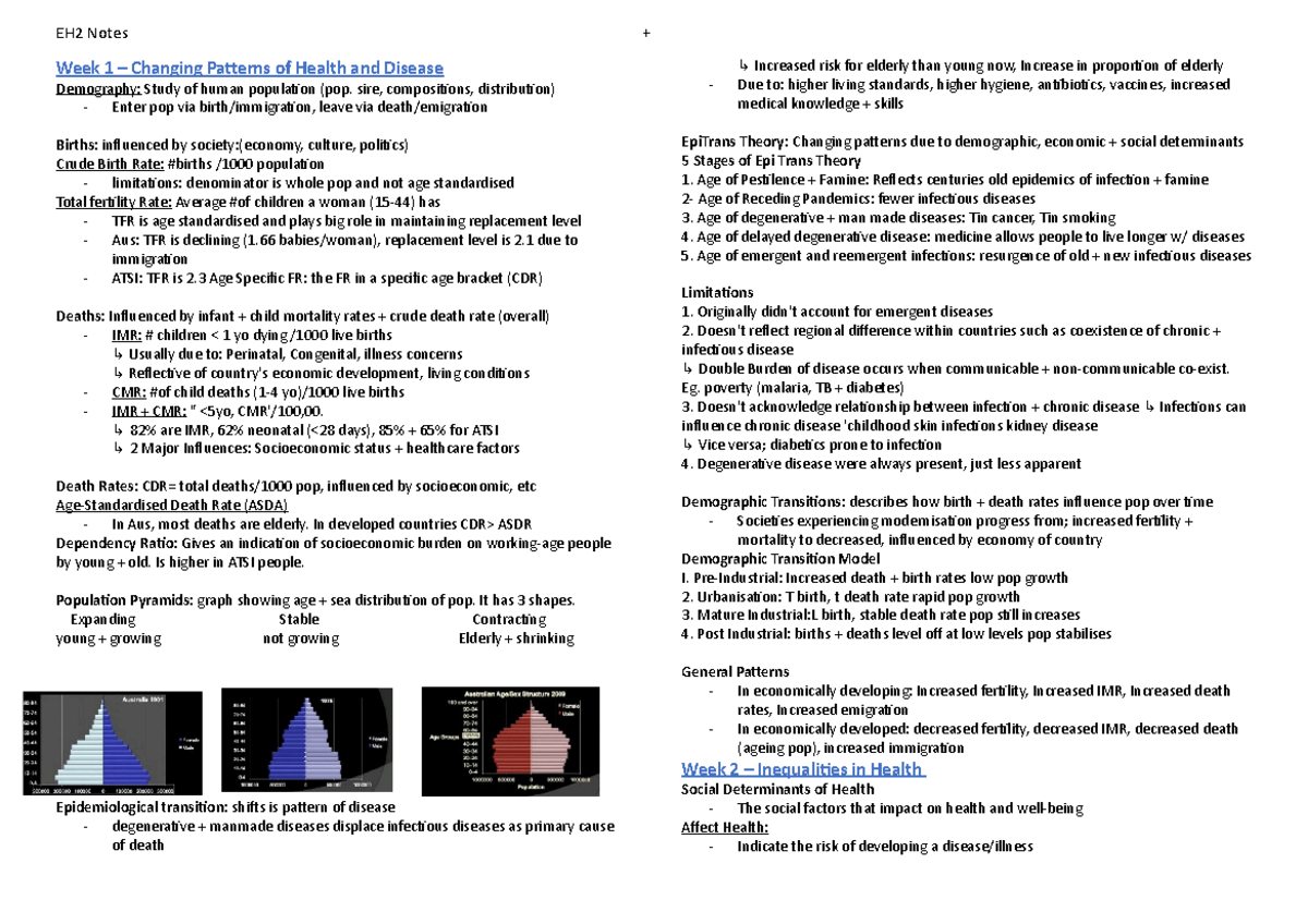 EH2 Notes - Week 1 – Changing Patterns of Health and Disease Demography ...