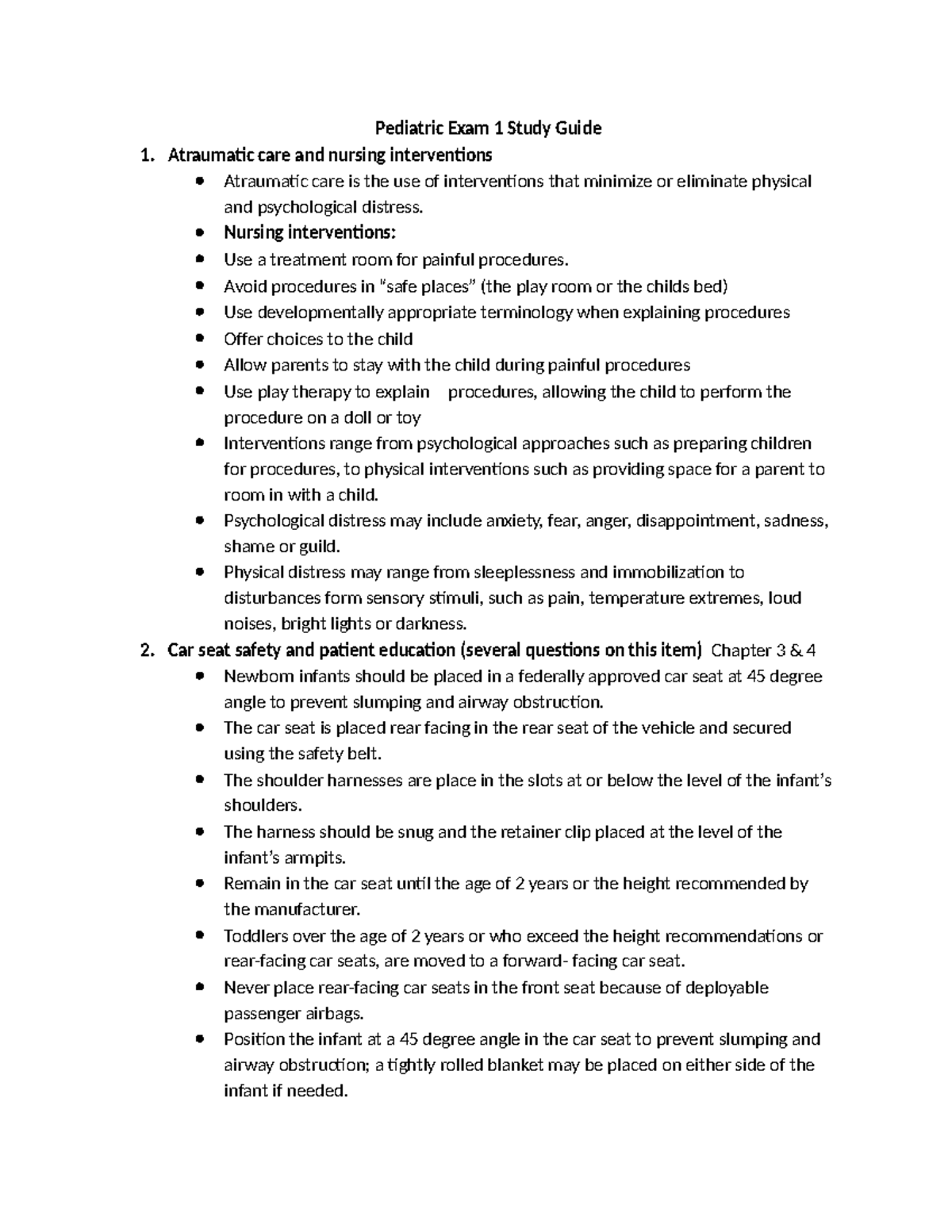 Exam 1 SG - Pediatric nursing - Pediatric Exam 1 Study Guide Atraumatic ...