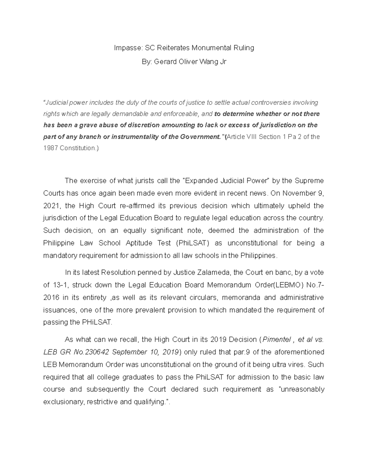 Impasse.SC Reiterates Monumental Ruling - ” ( Article VIII Section 1 Pa ...