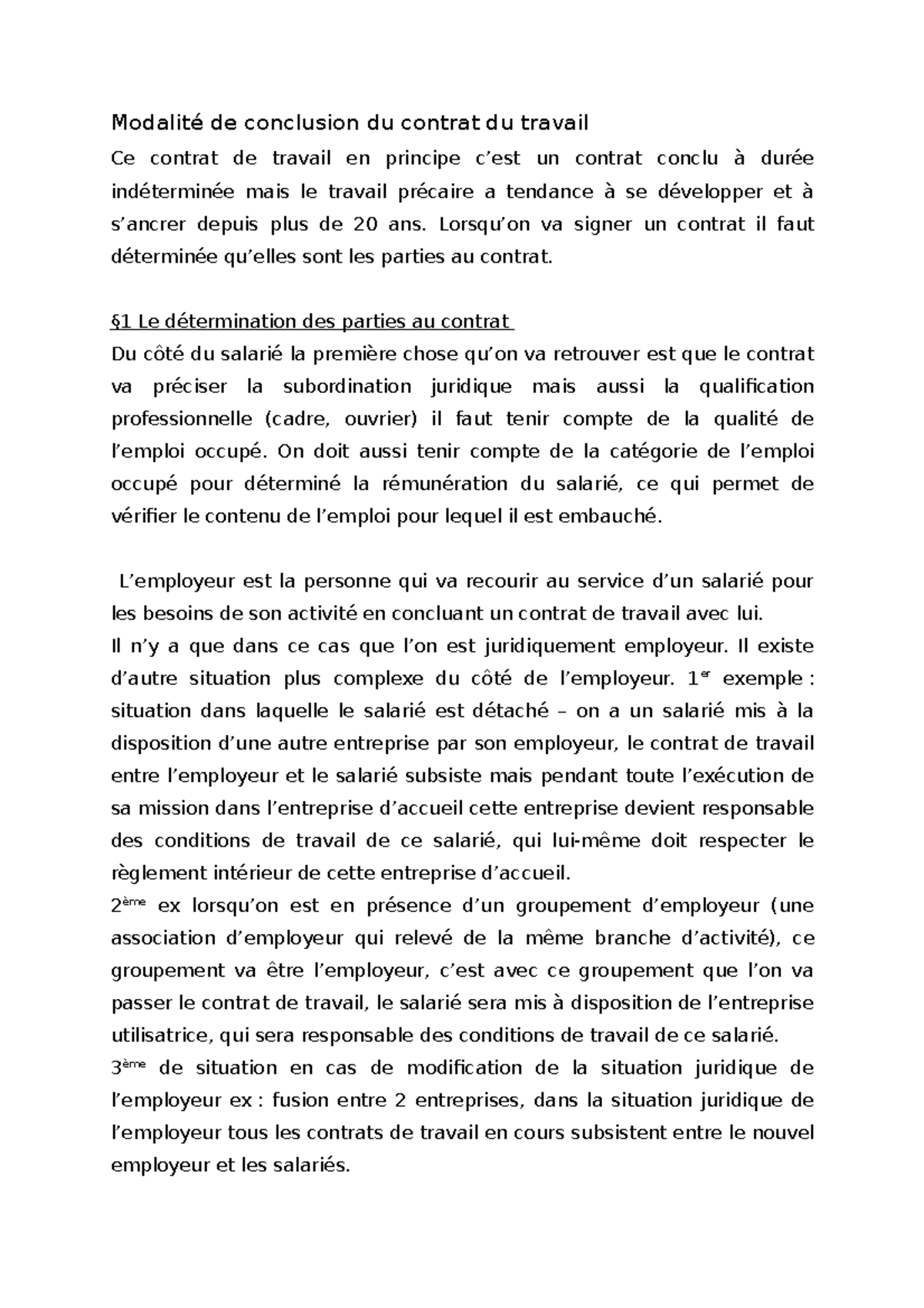 Modalité de conclusion du contrat du travail - de conclusion du contrat ...