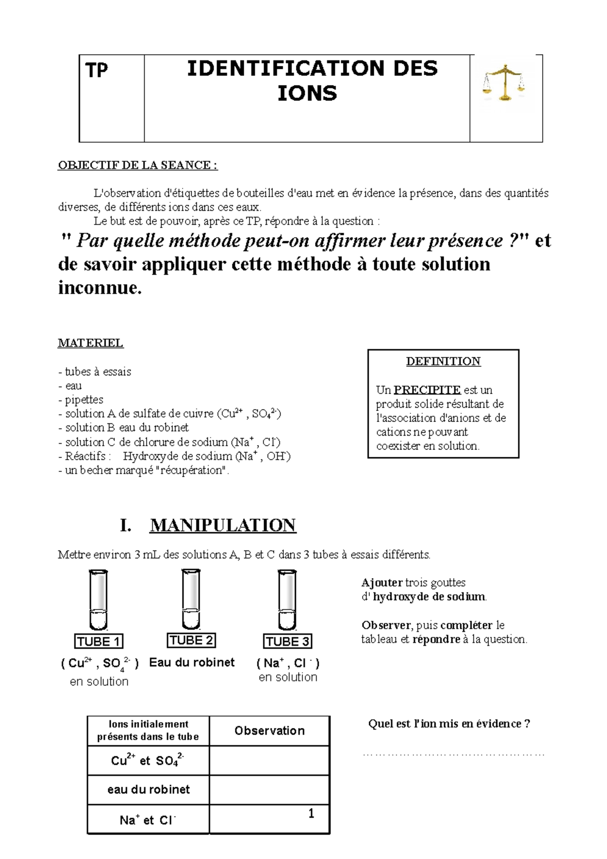 TP ions - identifier les noms métalliques et non métalliques - TP IDENTIFICATION DES IONS ...