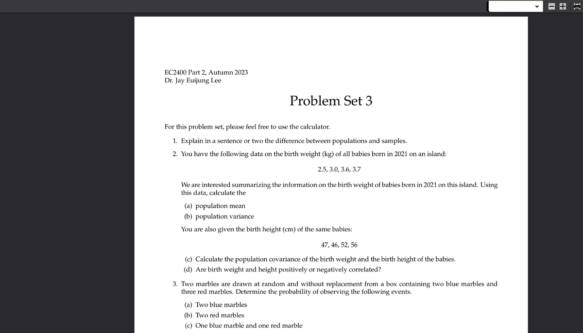 Problem set3 - Course lecture - Automatisk zoom EC2400 Part 2, Autumn 2023 Dr. Jay Euijung Lee ...