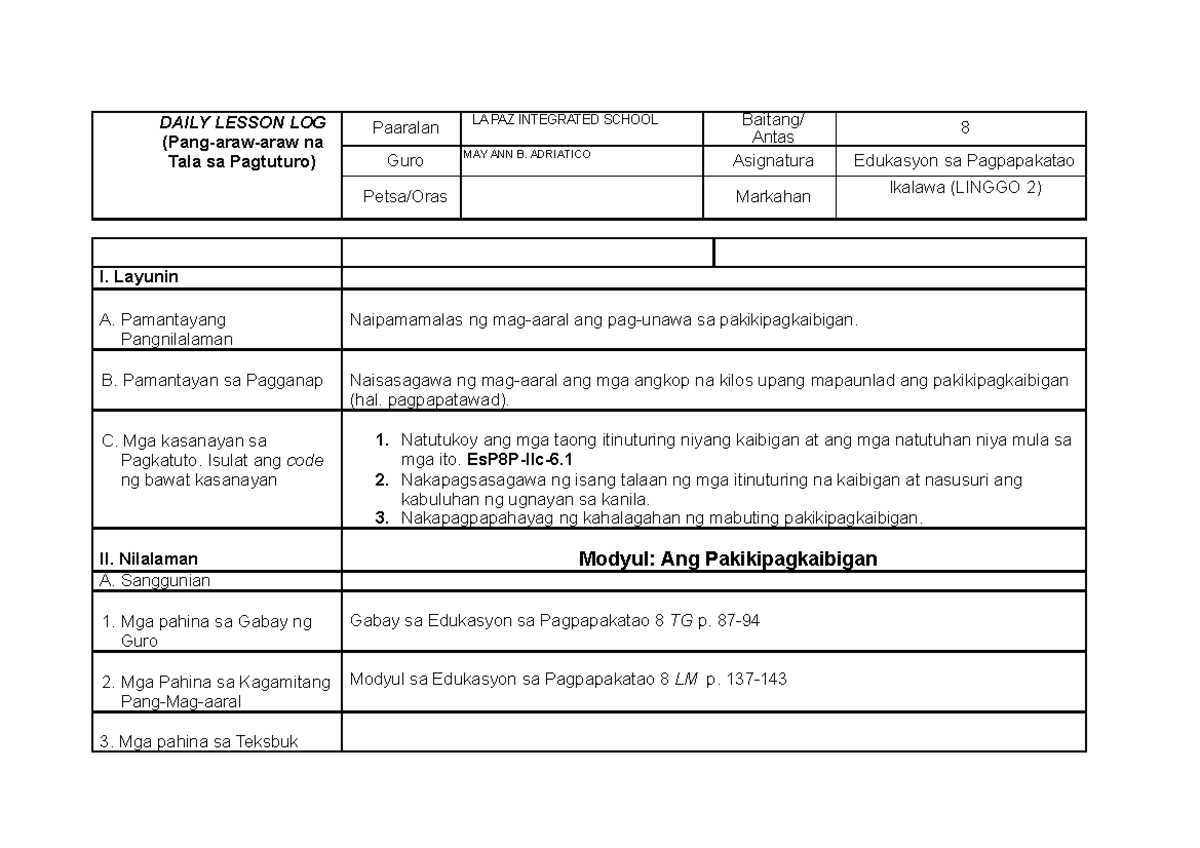 Esp dll 8 module 6 - DAILY LESSON LOG (Pang-araw-araw na Tala sa ...