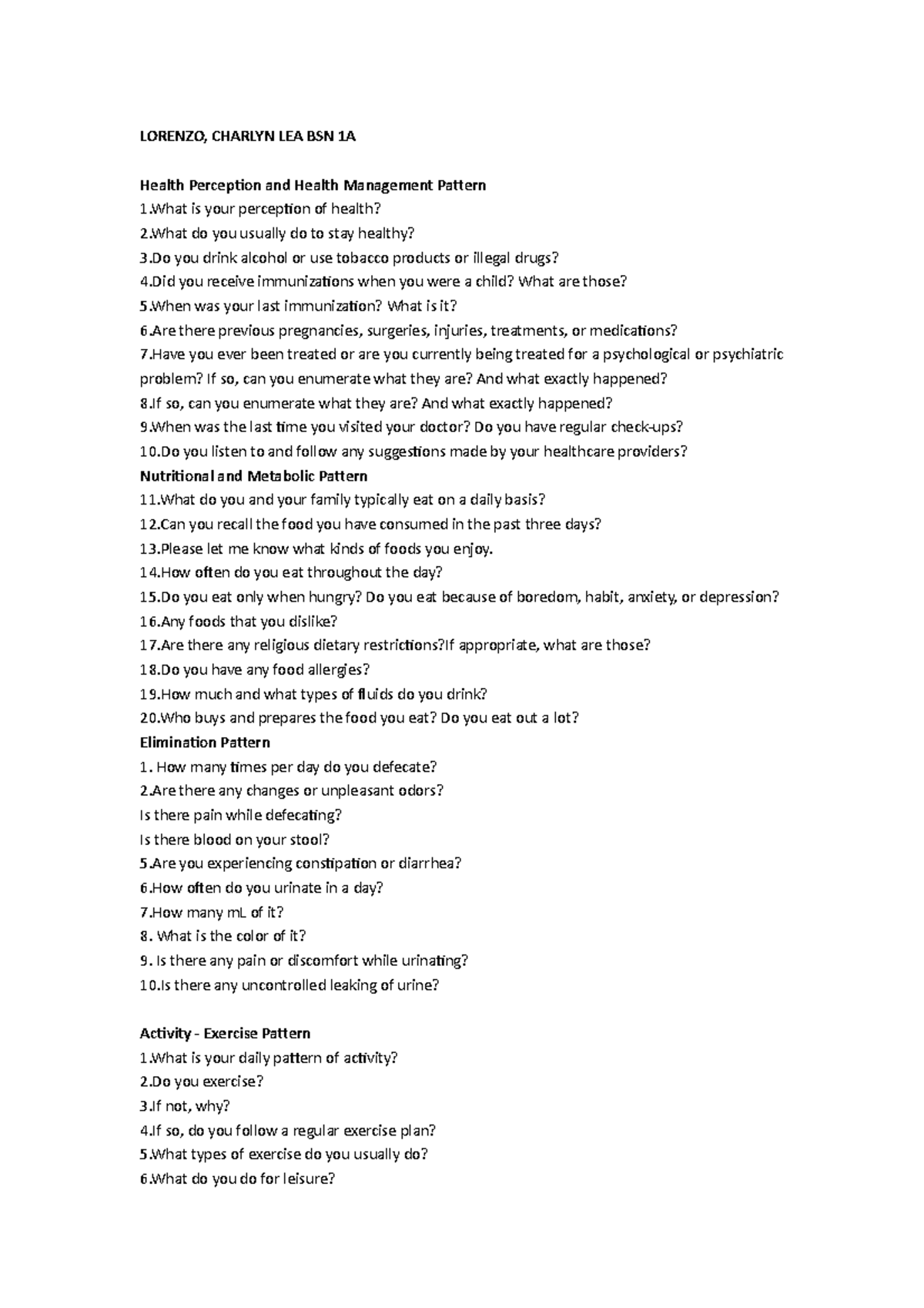 Set Of Questions (Gordon's Functional Health Patterns - LORENZO ...