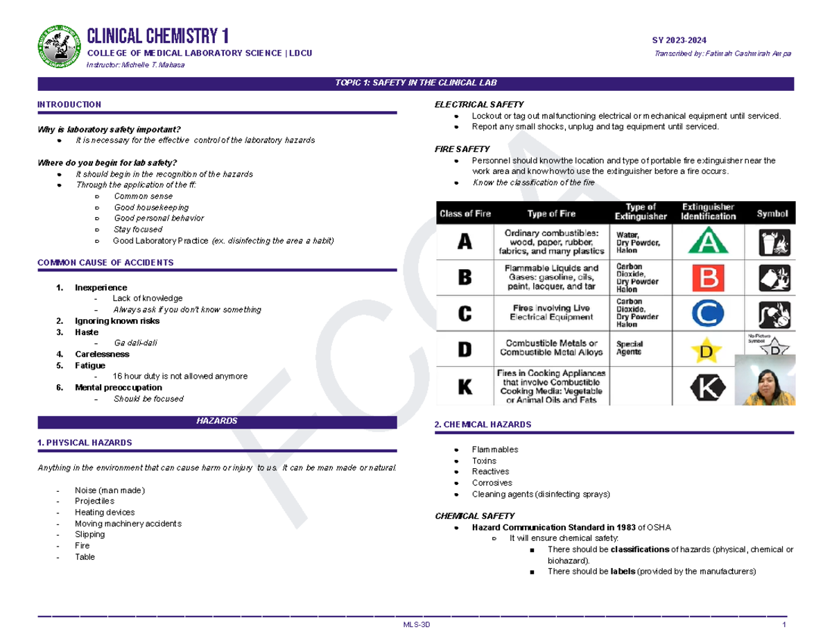 CC1 Topic 1- Safety in the Clinical Lab - FCQA Clinical chemistry 1 SY ...
