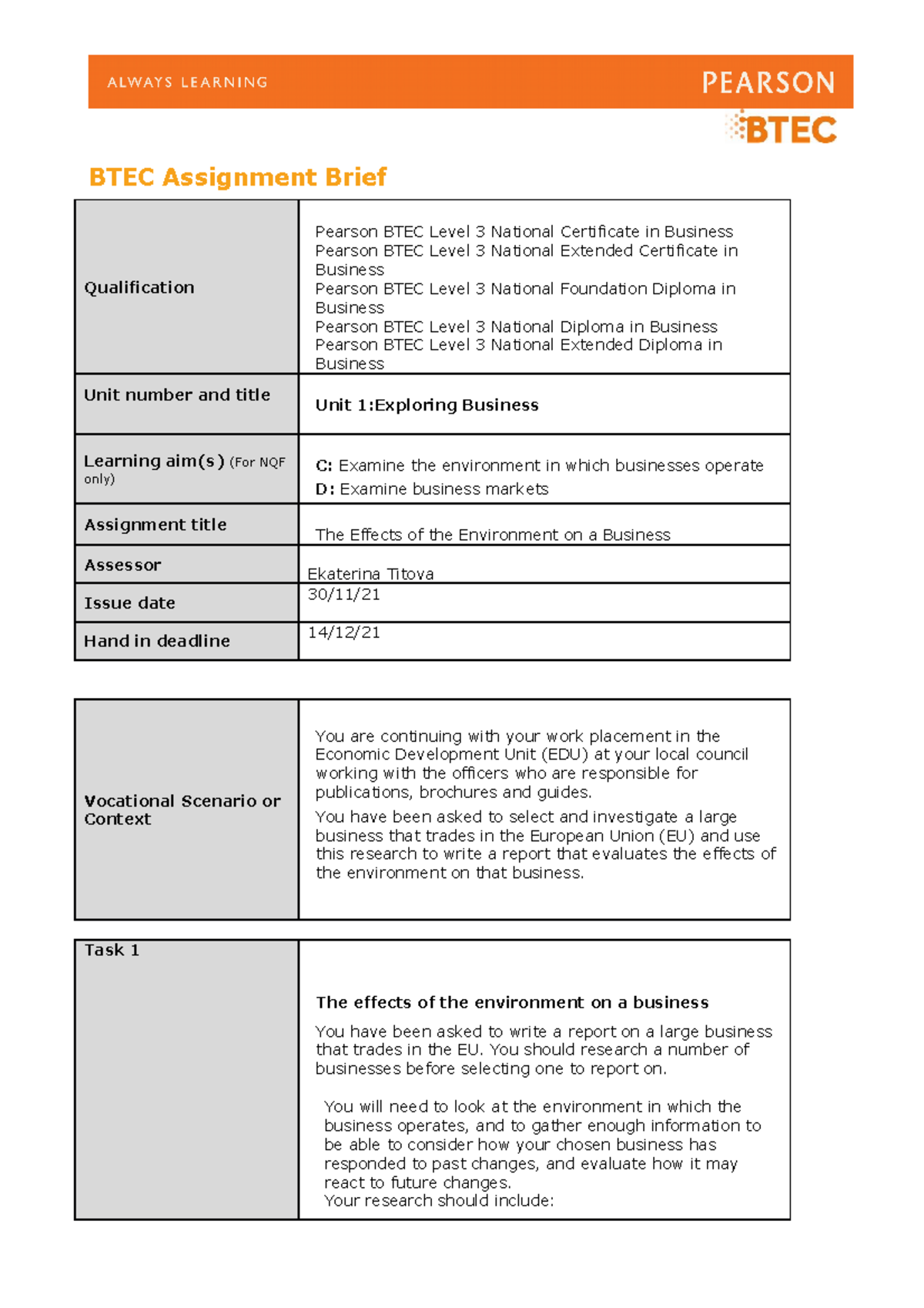 Authorised Assignment Brief for Learning Aims C and D, Unit 1 Exploring Business (Version 2 ...