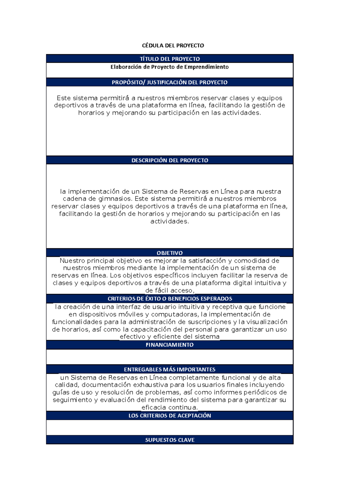 Pregunta 9 - hola - CÉDULA DEL PROYECTO Elaboración de Proyecto de Emprendimiento TÍTULO DEL ...