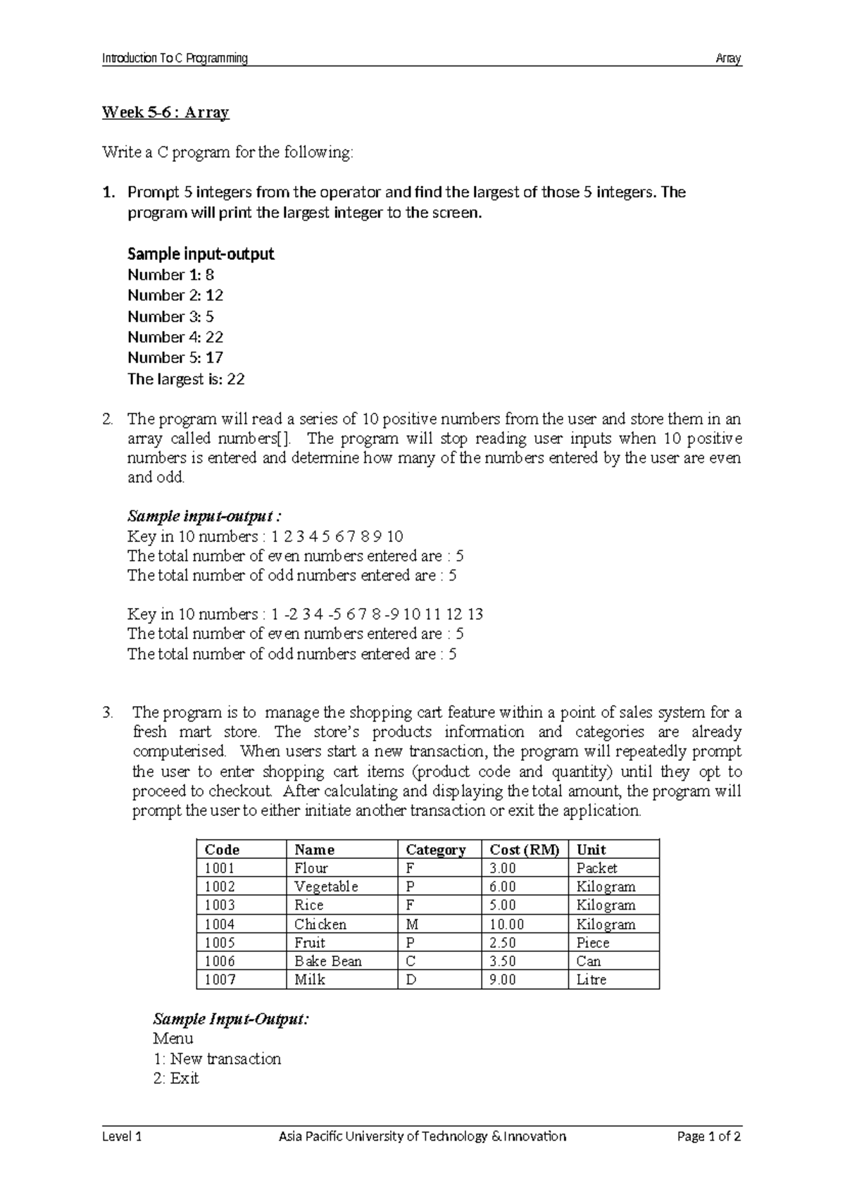 Week 5 - 6 Array 1 - nothing - Introduction To C Programming Array Week 5-6 : Array Write a C ...