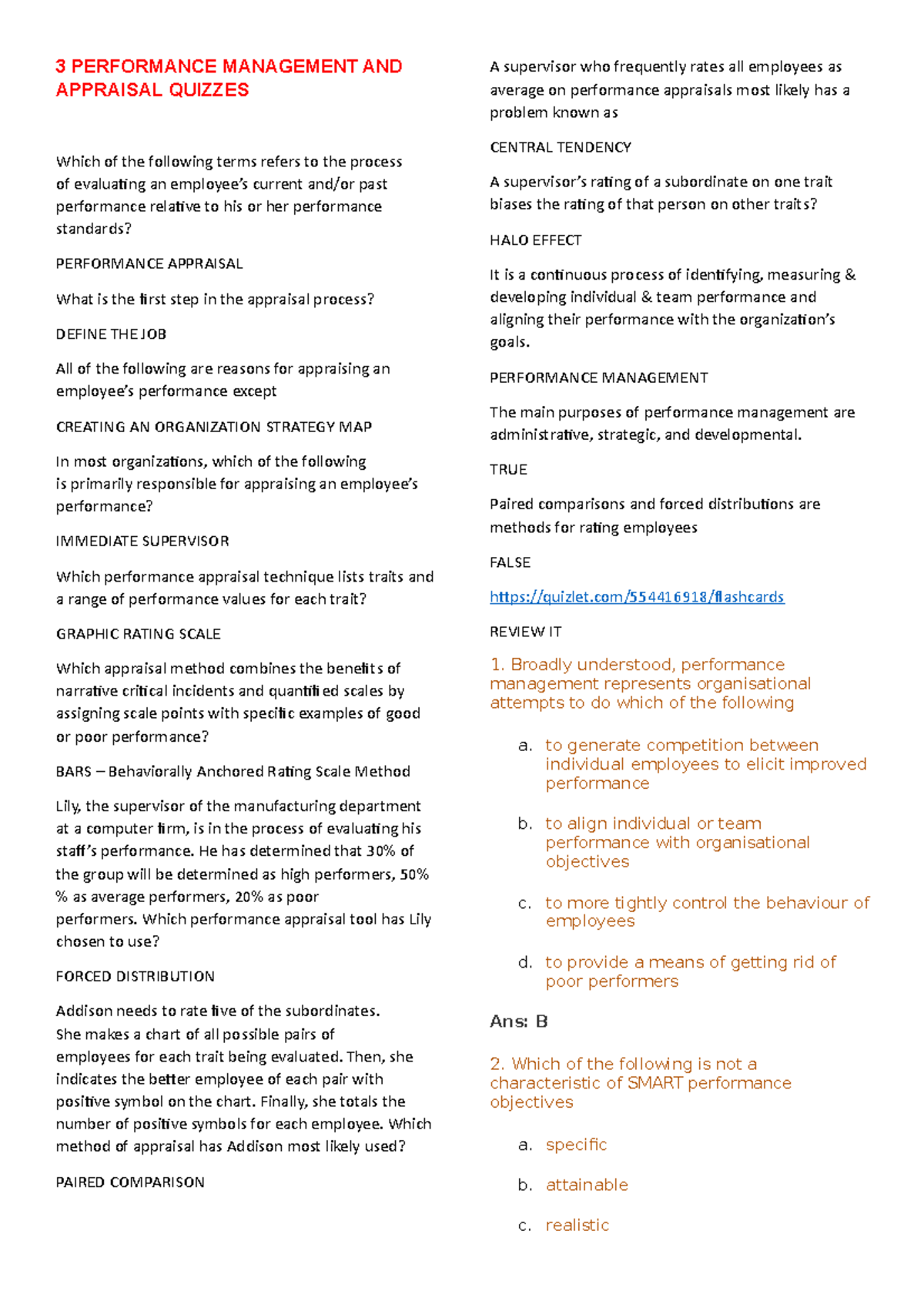 Sample Quizzes - 3 PERFORMANCE MANAGEMENT AND APPRAISAL QUIZZES Which ...