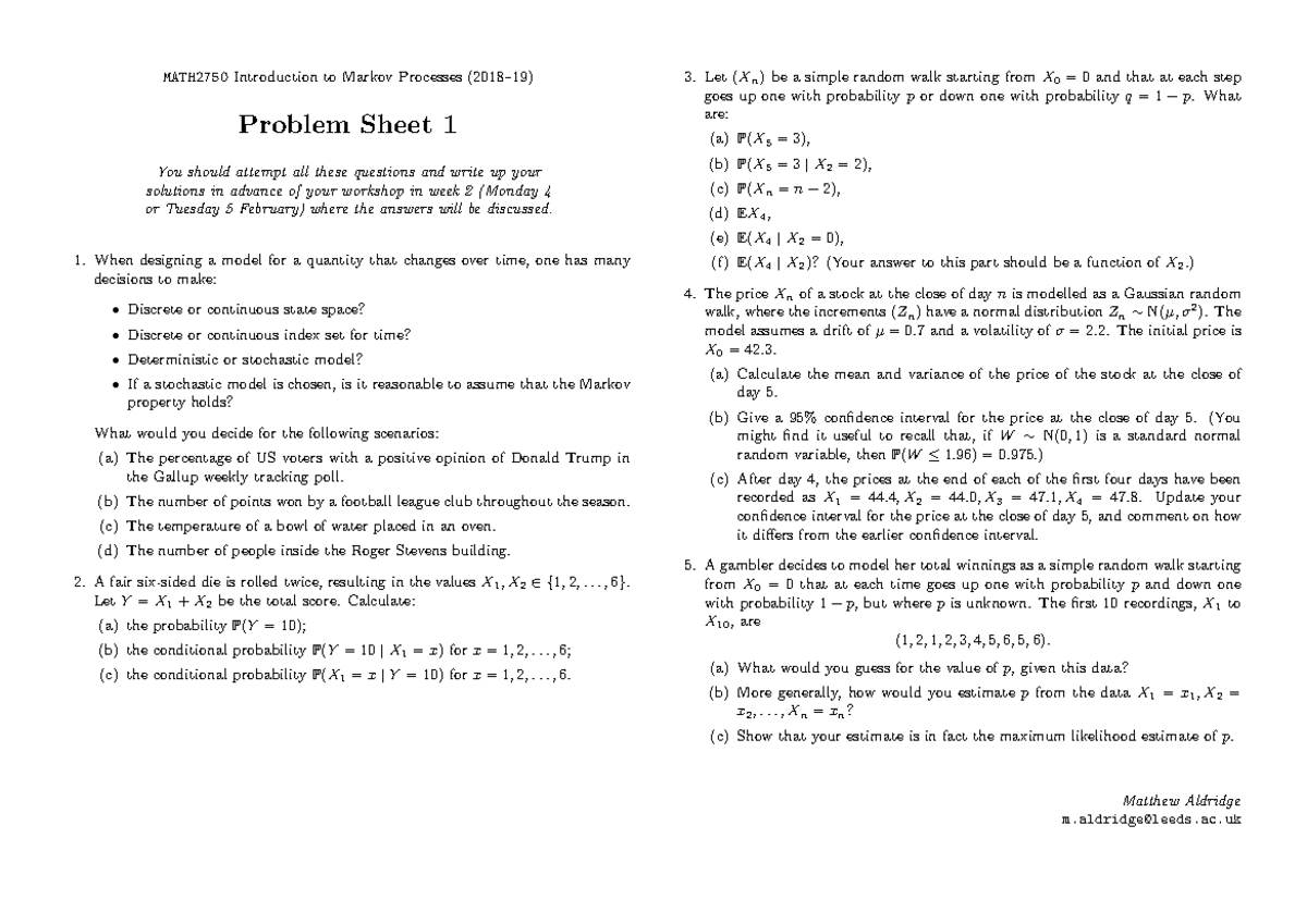 Math2750-exs - examples - MATH2750 Introduction to Markov Processes (2018–19) Problem Sheet 1 ...