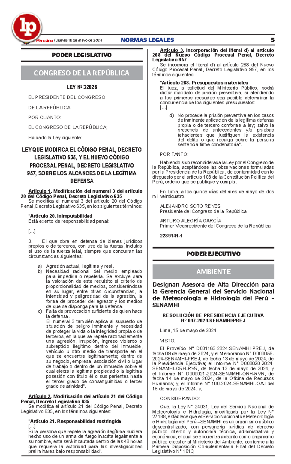 Ley-32026-LPDerecho - El Peruano /Jueves 16 de mayo de 2024 NORMAS ...