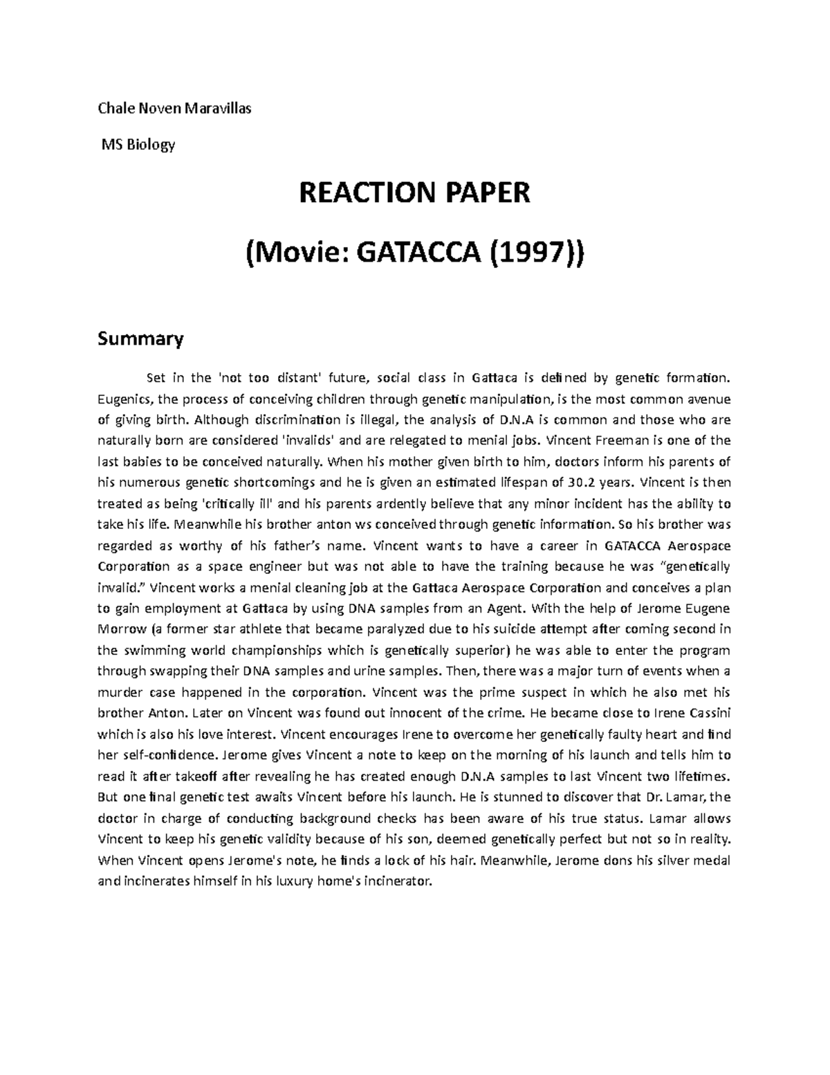 Reaction paper on gatacca - Chale Noven Maravillas MS Biology REACTION ...