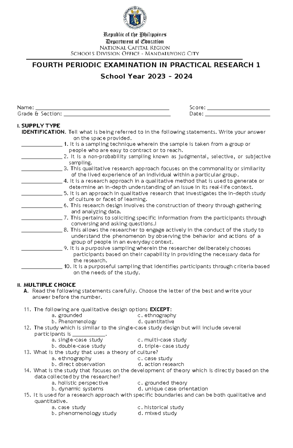 4th- Periodical-EXAM-IN- Practical- Research-1 - FOURTH PERIODIC ...