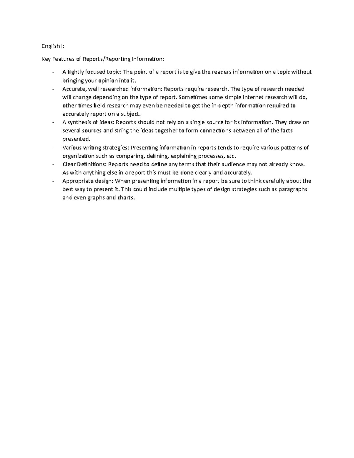 Reporting information - English I: Key Features of Reports/Reporting ...