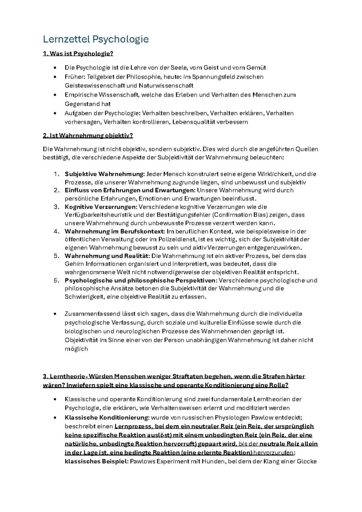 Lernzettel Psychologie (überarbeitet 24 - Lernzettel Psychologie Was ist Psychologie? Die - Studocu