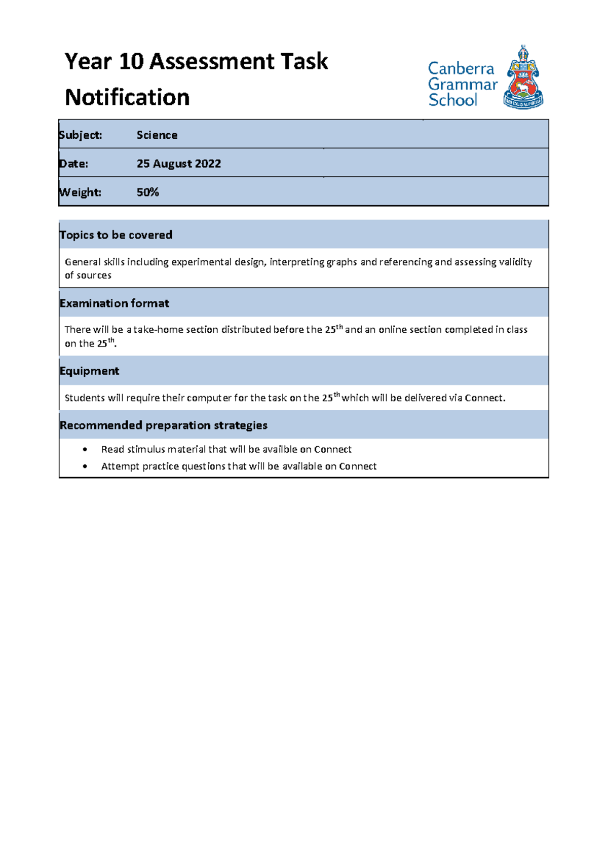 1 Year 10 Skills Task Semester 2 2022 Notification - Year 10 Assessment ...