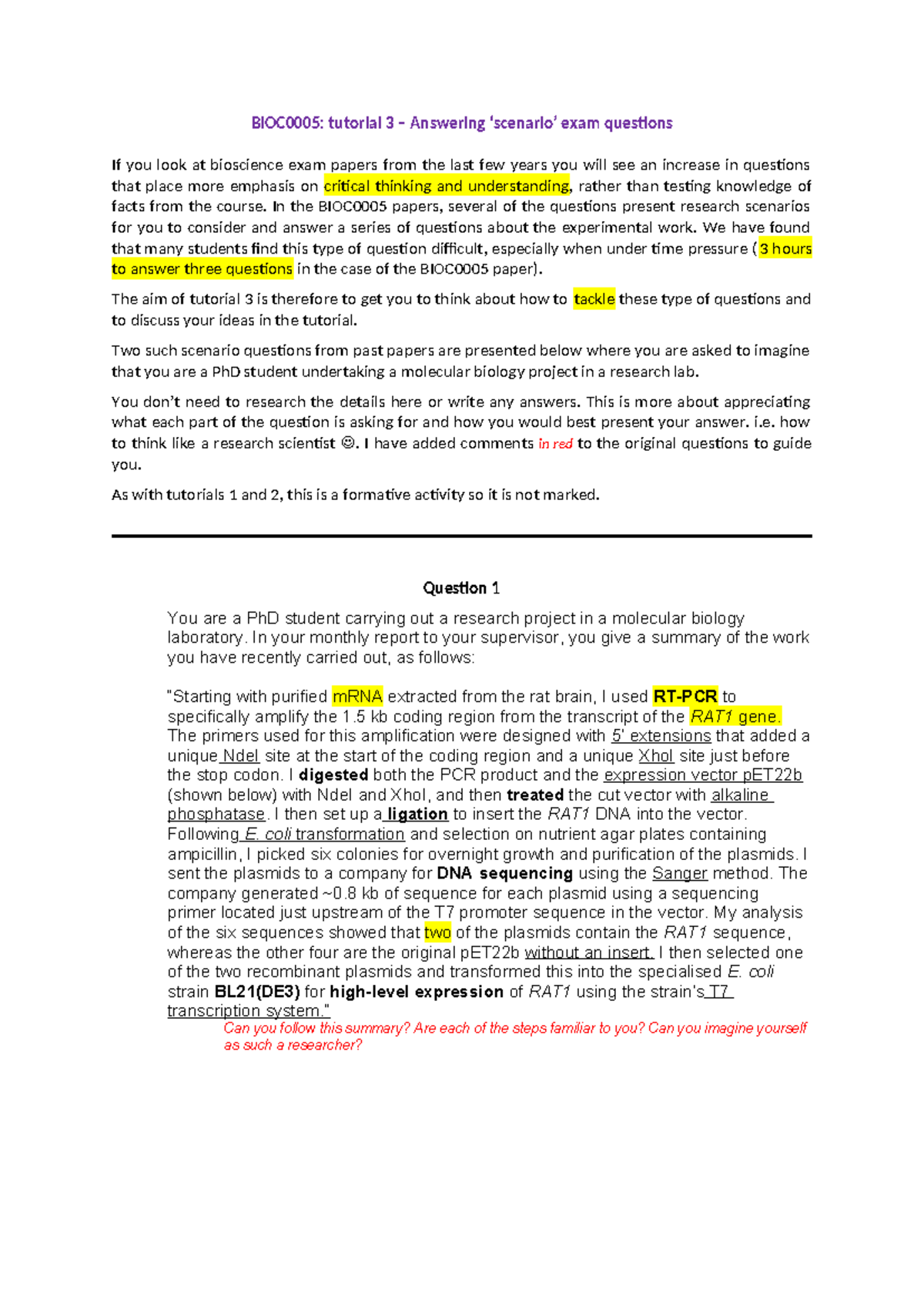Tutorial 3 - BIOC0005: tutorial 3 – Answering ‘scenario’ exam questions ...
