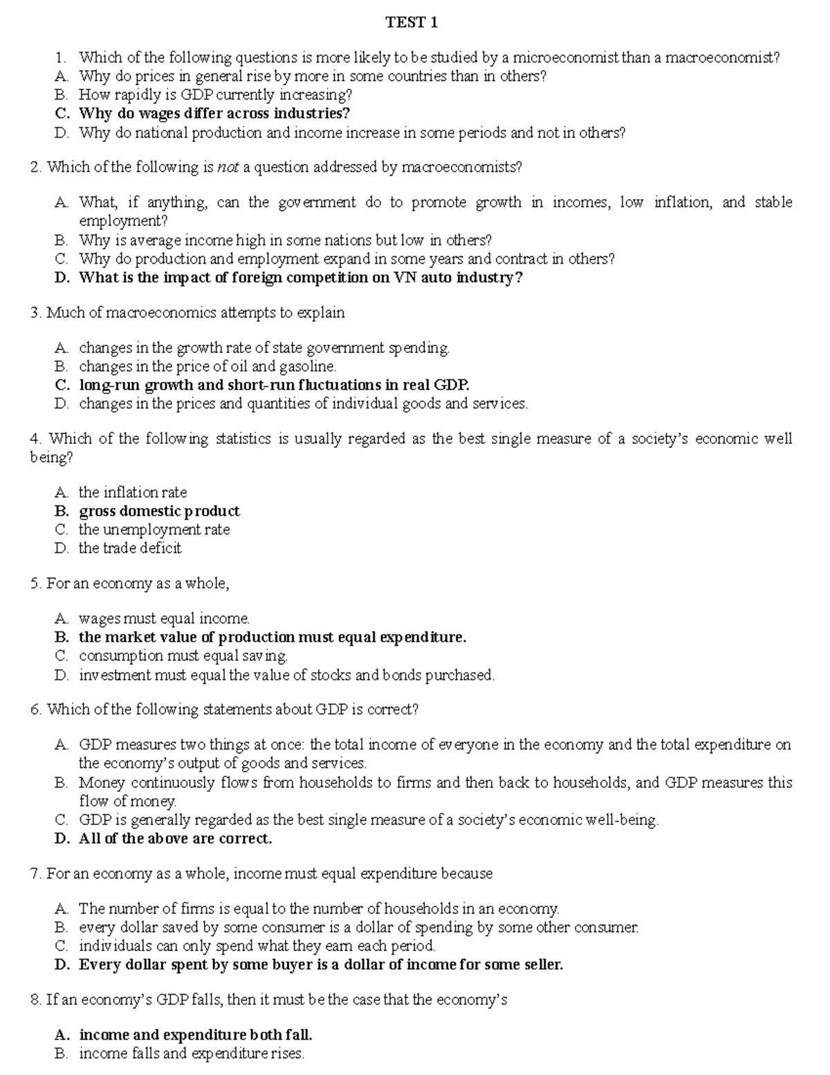 TESTbank for Micro Economics - TEST 1 Which of the following questions ...