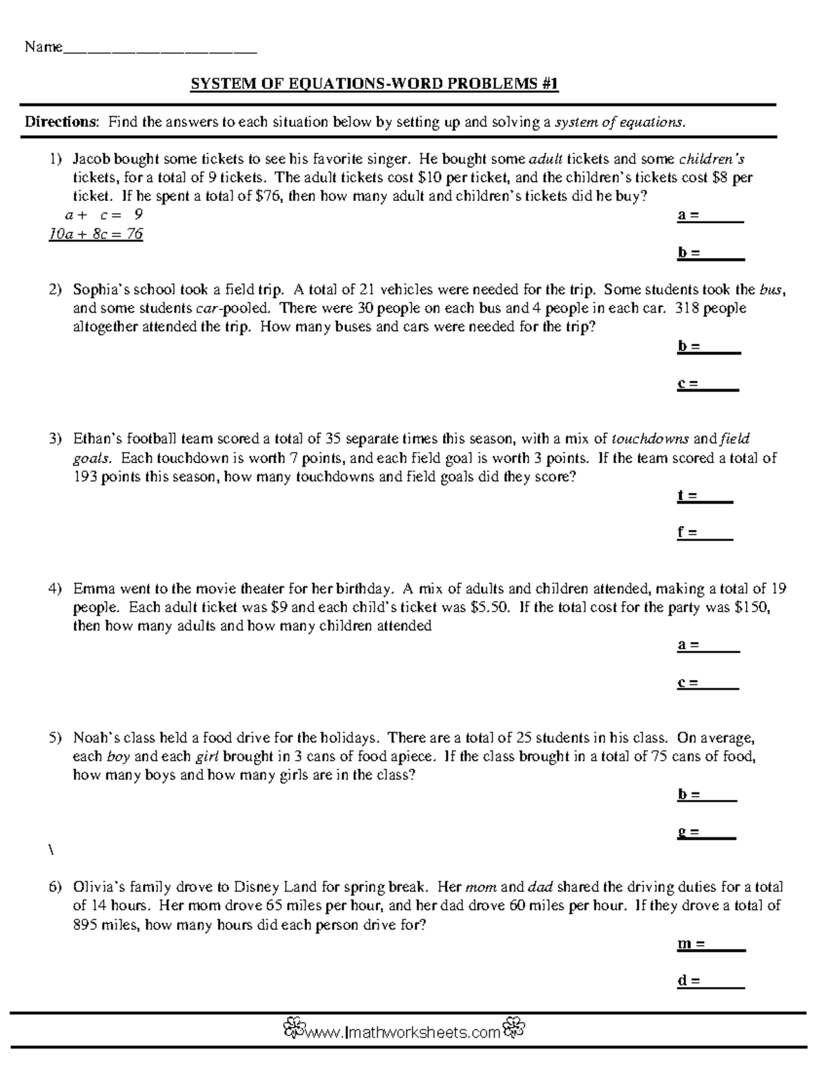 System+of+Equation+Word+Problems+1 - Name ...