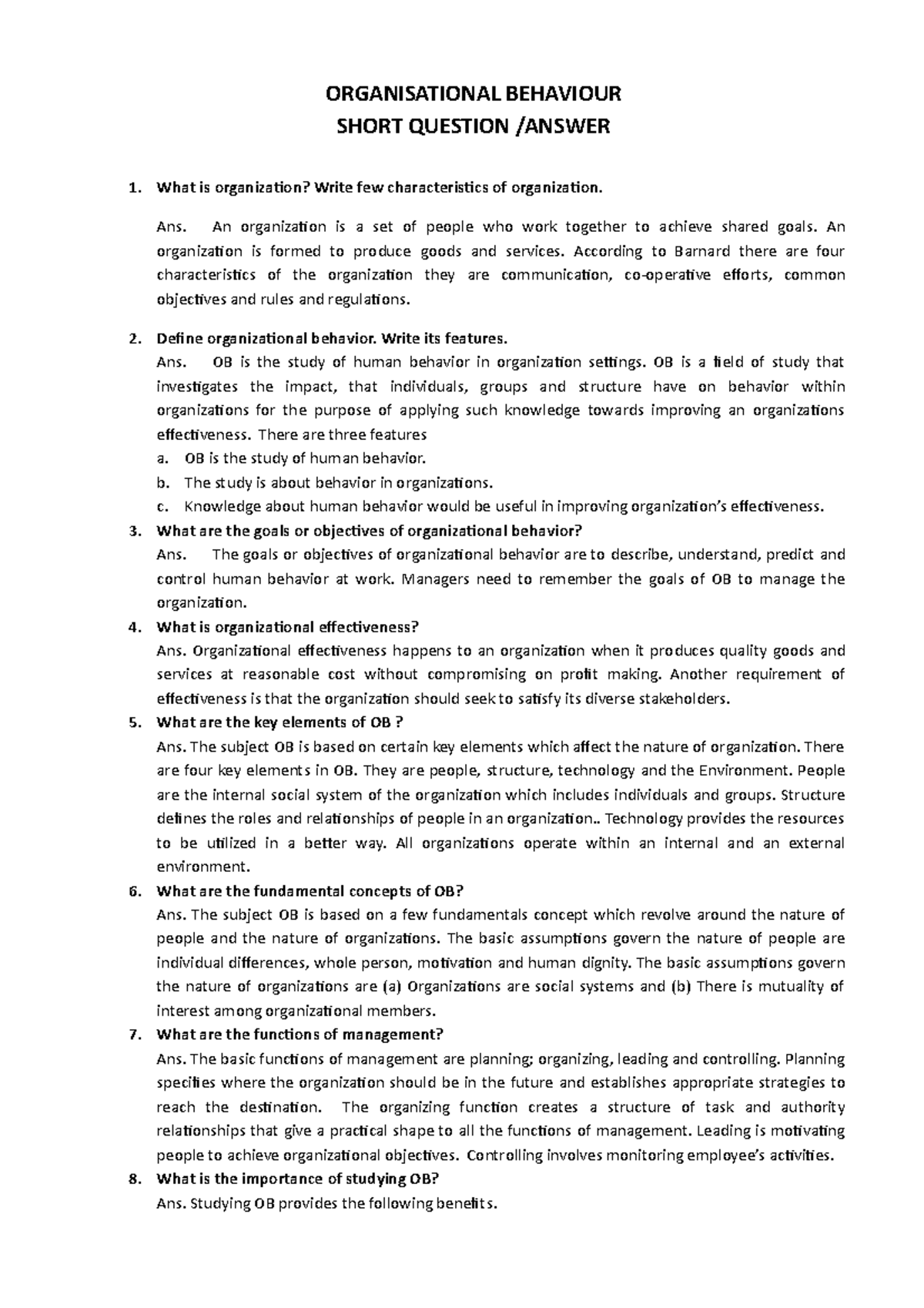 OB-Organisational Behaviour Short Question /Answer - KIIT University ...