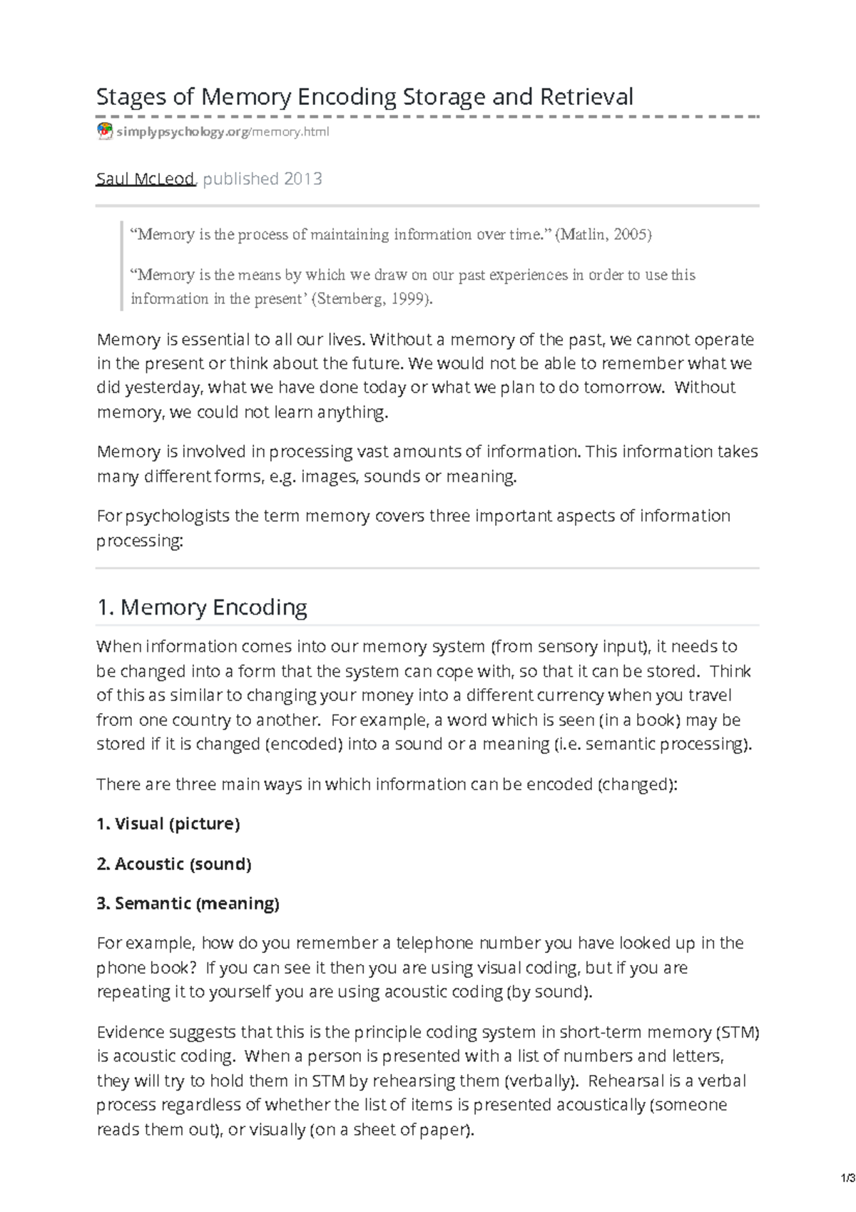 Simplypsychology - Memory of PSIN1514 - Stages of Memory Encoding Storage and Retrieval - Studocu