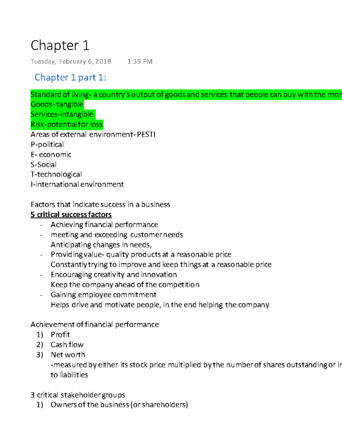 Chapter 1 Notes - Summary The Future of Business - Chapter 1 Tuesday ...