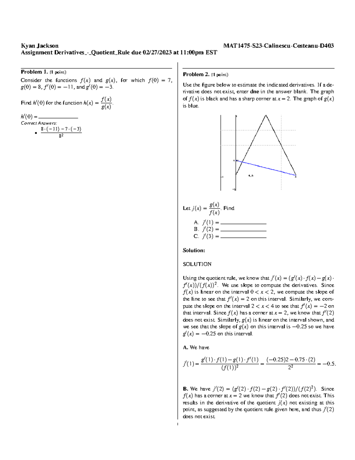 MAT1475 derivatives quotent rule - Kyan Jackson MAT1475-S23-Calinescu ...