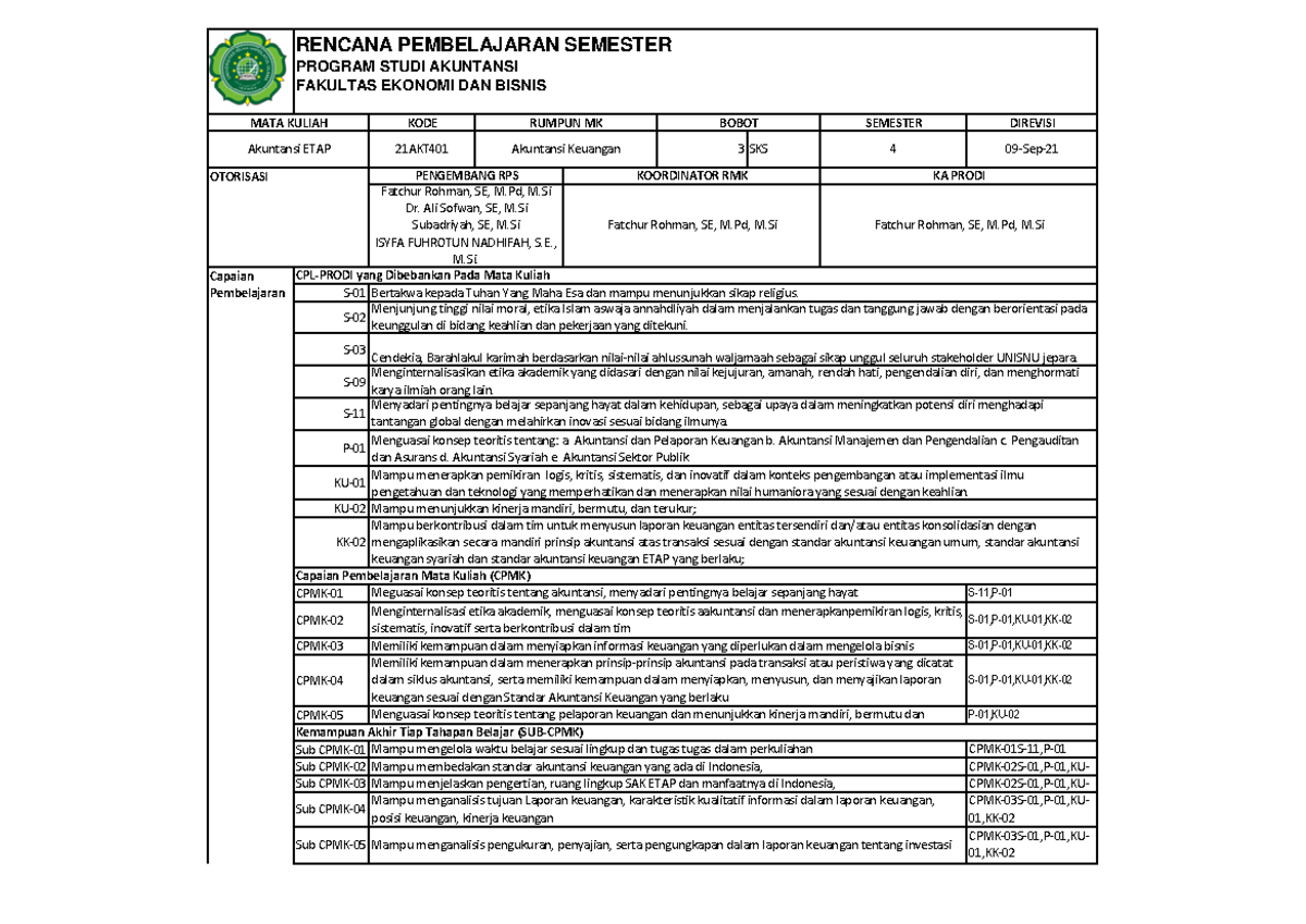 RPS SAK ETAP - rps - KODE 21AKT401 3 SKS S- S- S- S- S- P- KU- KU- KK- CPMK- CPMK- CPMK- CPMK ...