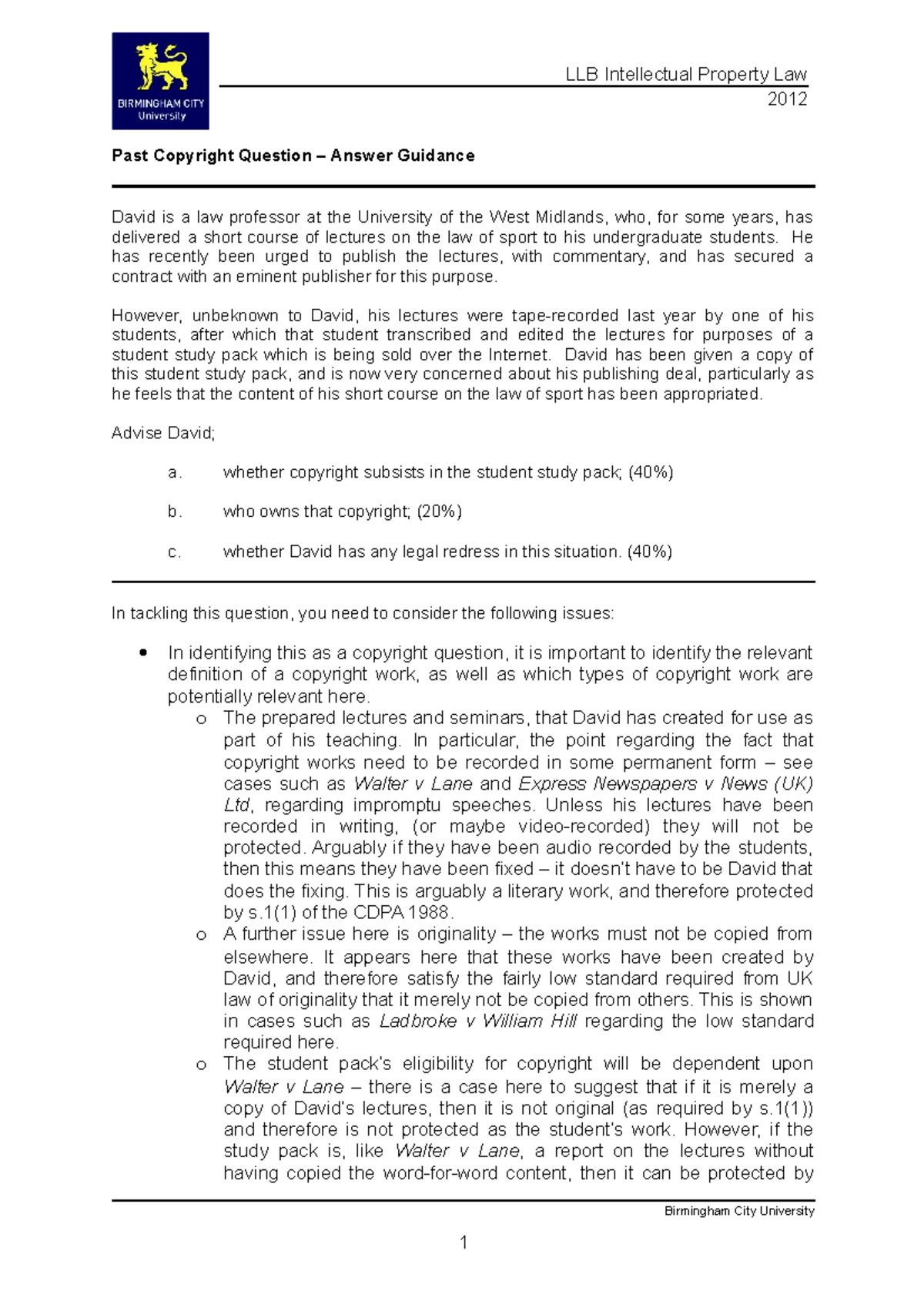 Copyright past question answer guidance 2012 - LLB Intellectual ...