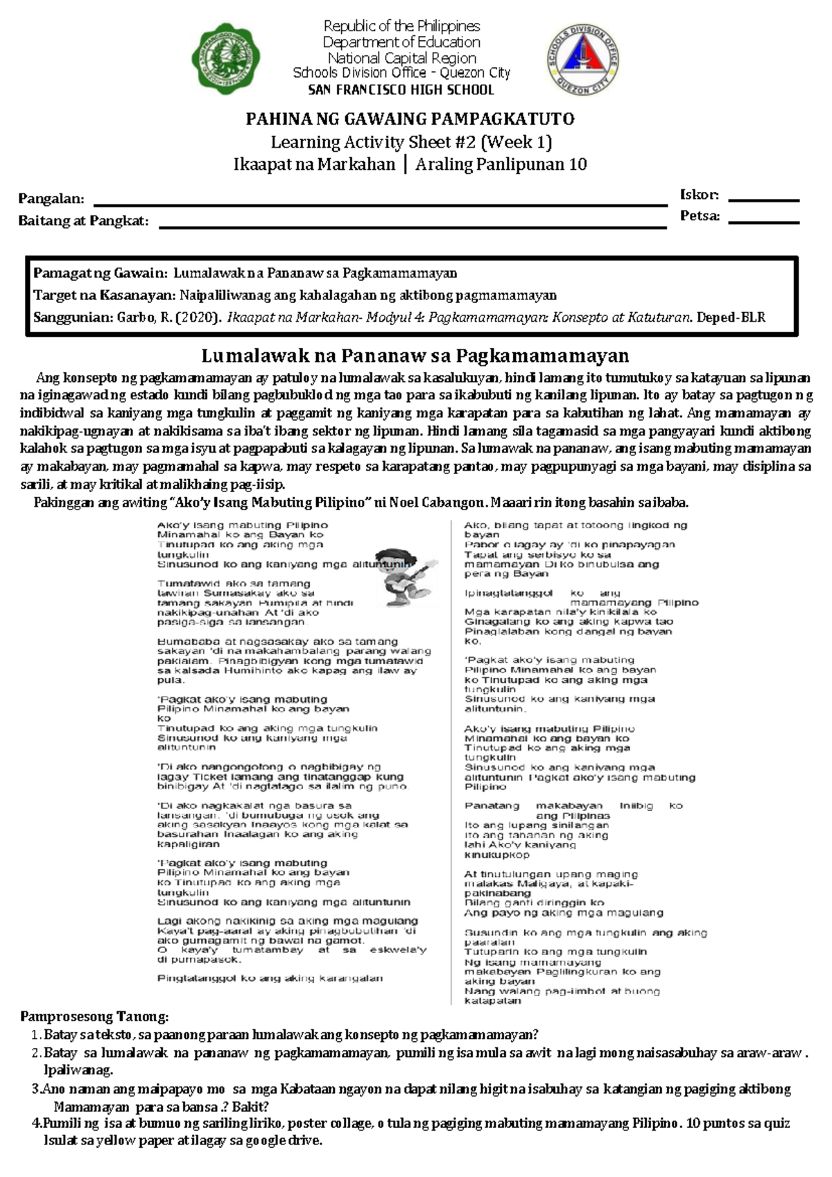 LAS 2Q4 Lumawak na Pananaw - Republic of the Philippines Department of ...