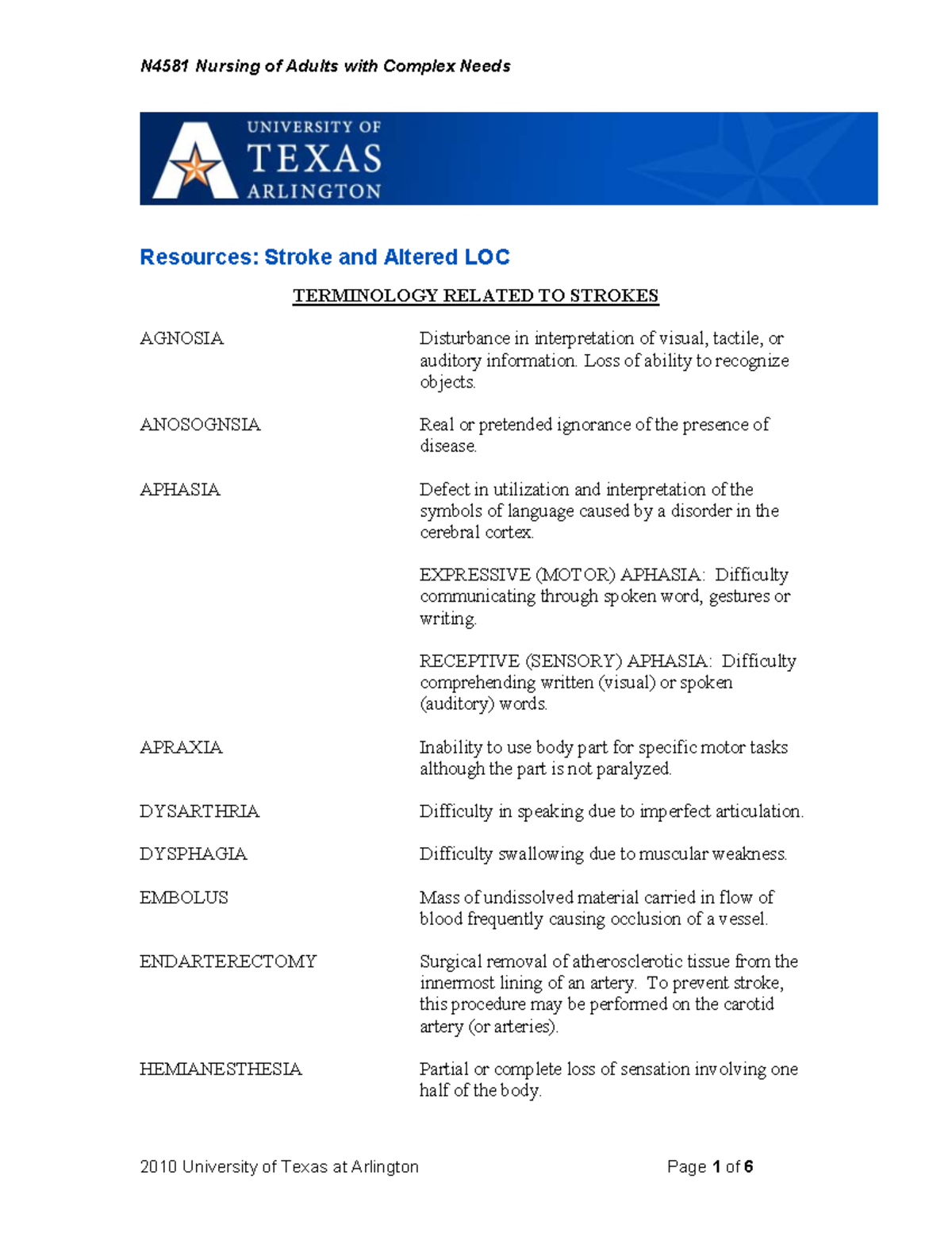 Week 4 Stroke Altered LOC Handout - Resources: Stroke and Altered LOC ...
